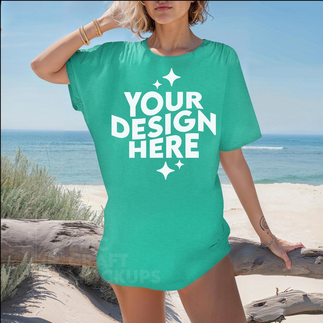 Heather Sea Green Bella Canvas 3001 Mockup Woman Beach Summer, POD BC ...