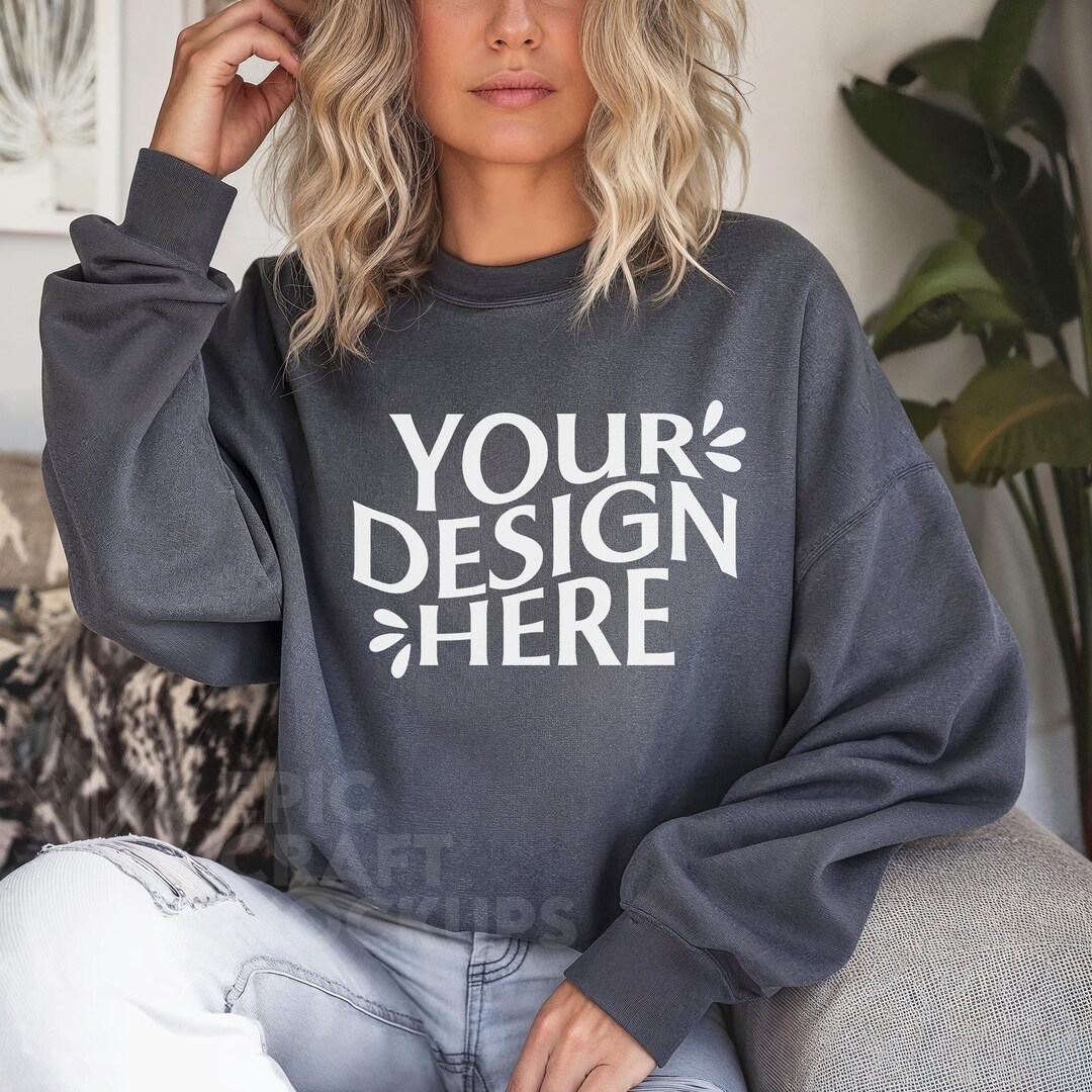 Gildan 18000 Mockup Woman Dark Heather Sweatshirt, Chic Apparel Mockup ...
