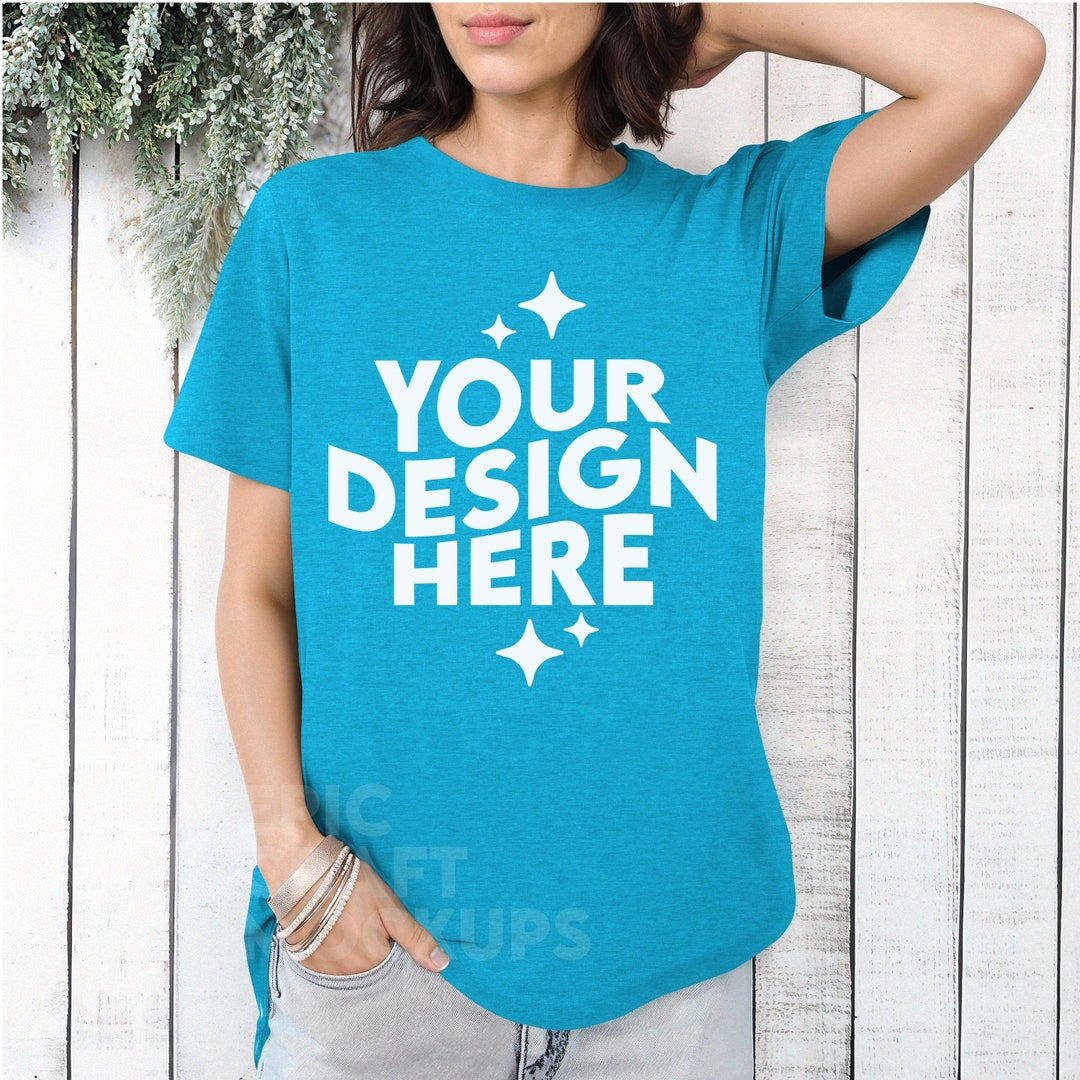 HEATHER SAPPHIRE Gildan 5000 Mockup Tshirt Women, G5000 POD Styled Boho ...