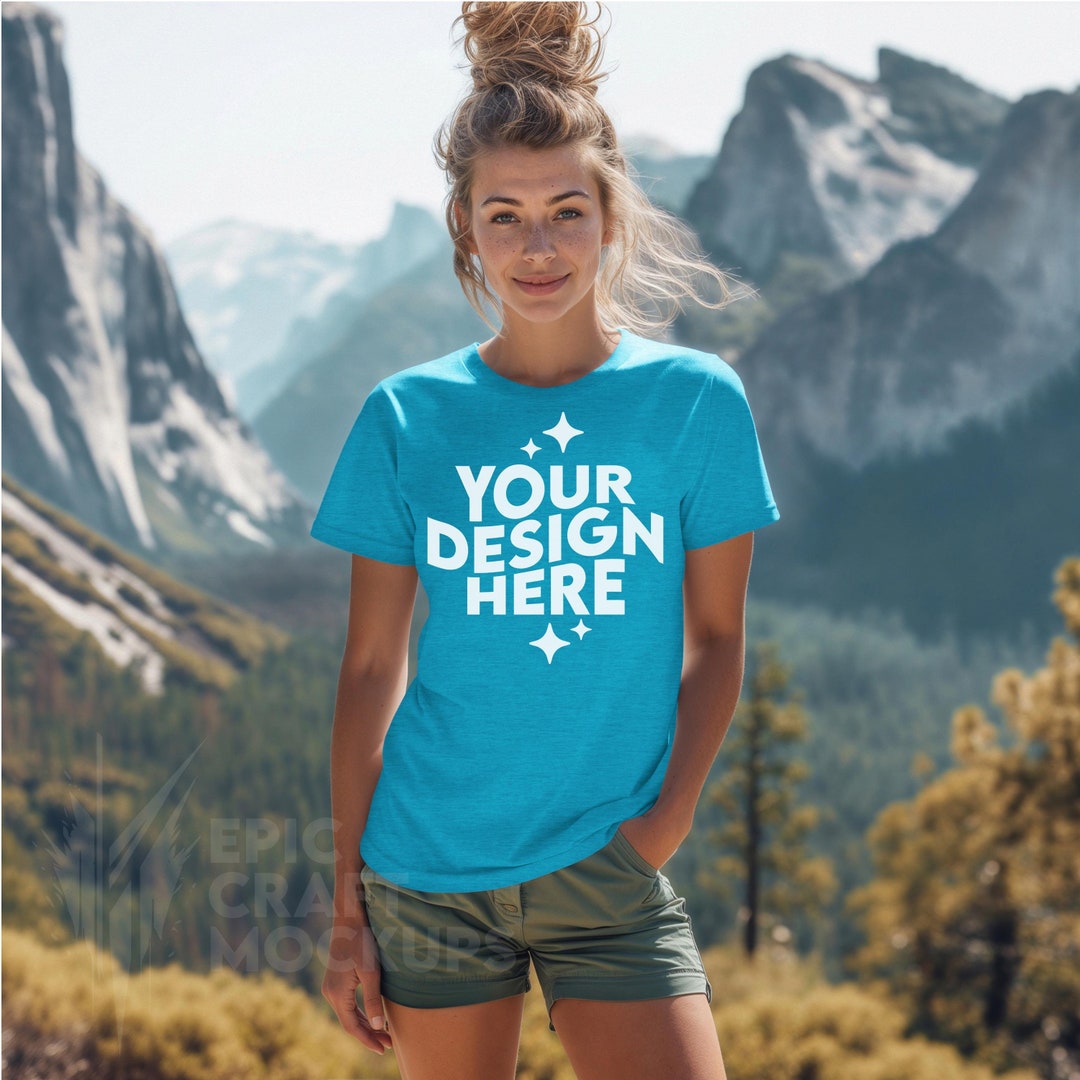 Heather Sapphire Gildan 5000 Mockup Hiking Outdoor Nature Woman Tshirt ...