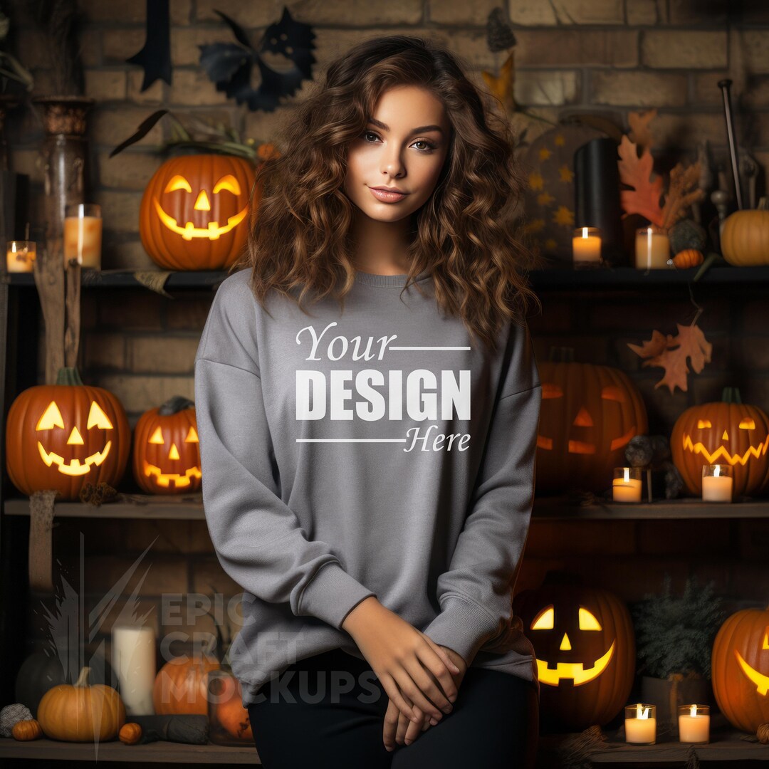 Gildan 18000 Mockup Halloween Graphite Heather Gray Pumpkin Young Woman ...