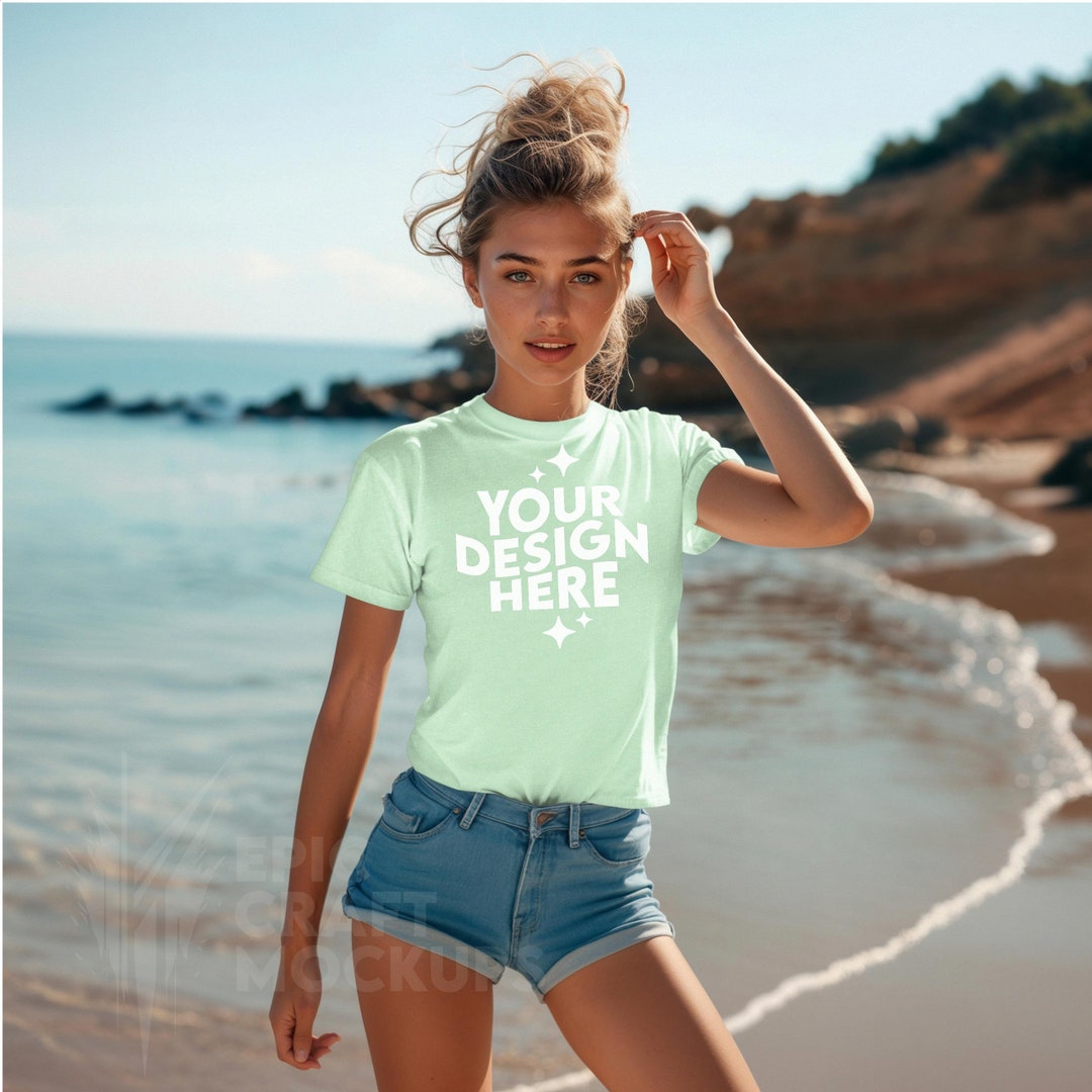 Mint Green Gildan 64000 Mockup Front Summer Beach Woman Tee Tshirt, POD ...