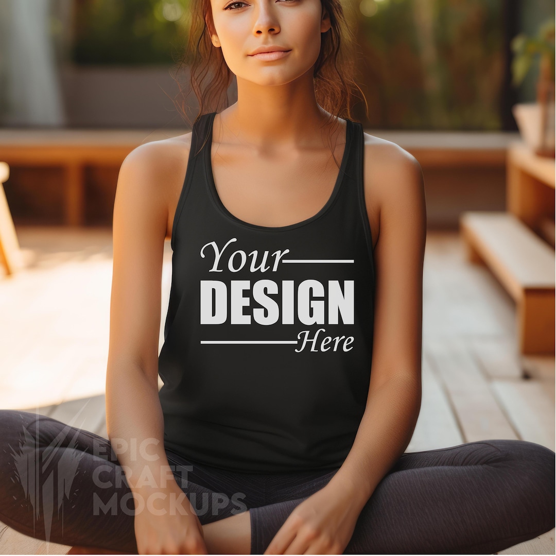 Next Level 1533 Mockup Woman Black Tank Top, Yoga Pose Model Mockup ...
