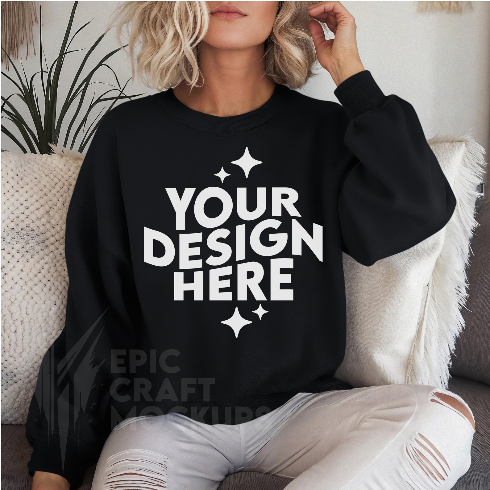 BLACK Gildan 18000 Mockup Woman Sweatshirt Crewneck Oversized, POD ...