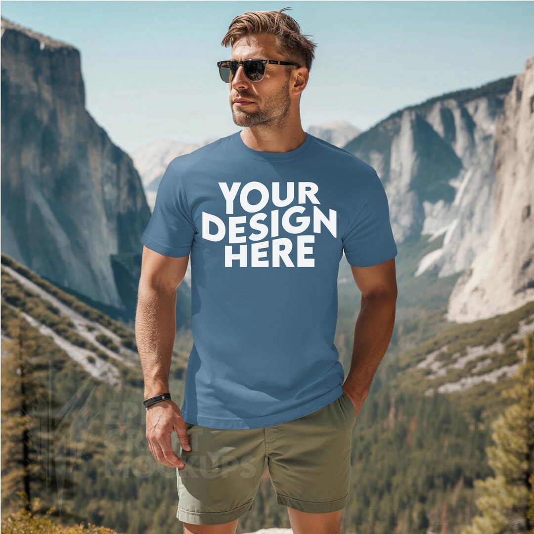 Indigo Blue Gildan 5000 Mockup Hiking Outdoor Nature Man Tshirt, POD ...