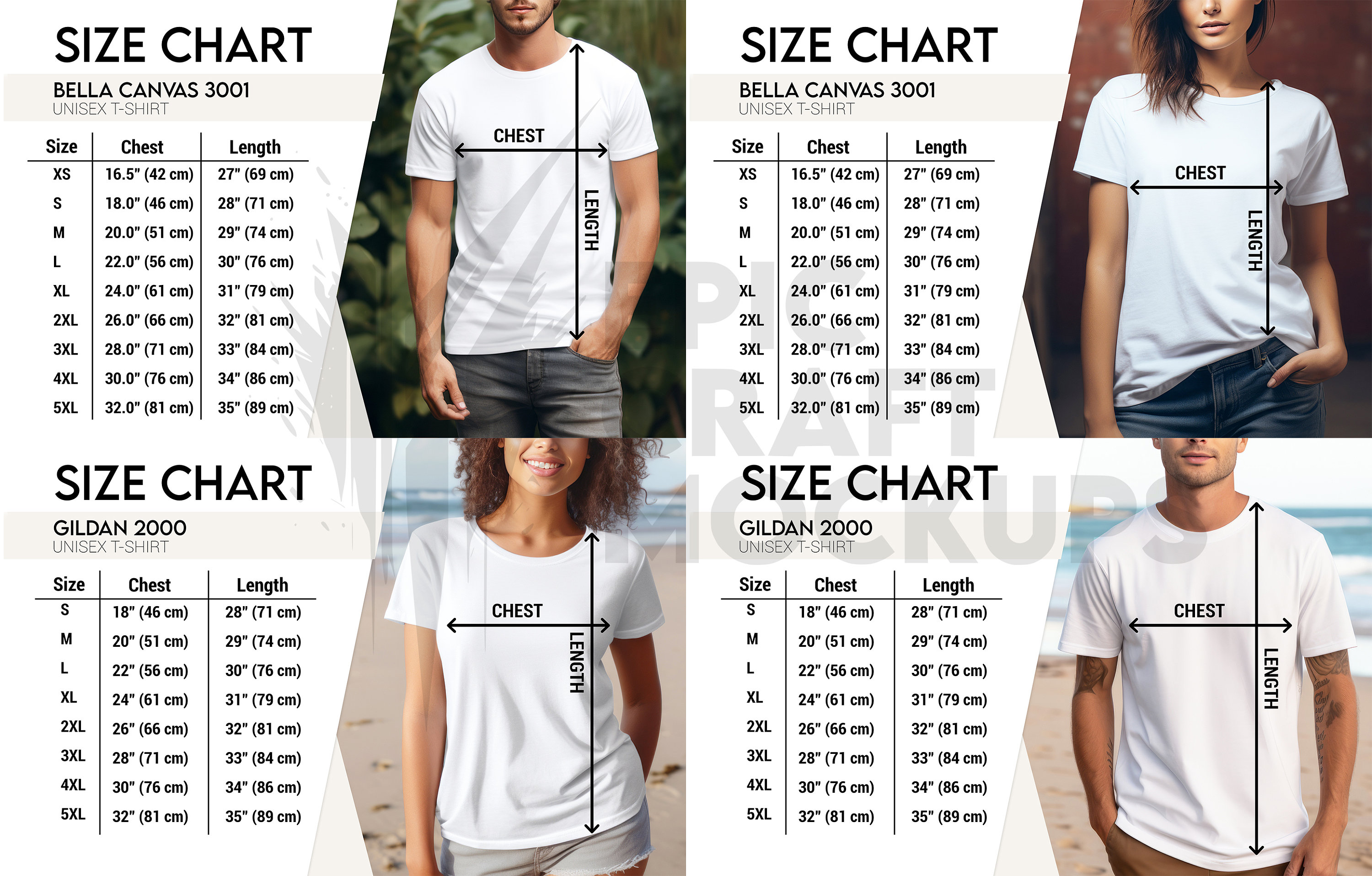 Mockup Size Chart Bundle Woman and Man Lifestyle White, Bella Canvas ...