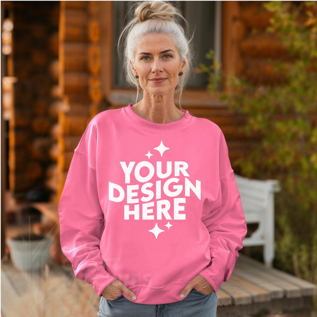 Safety Pink Senior Woman Gildan 18000 Mockup Sweatshirt Old Women, POD ...