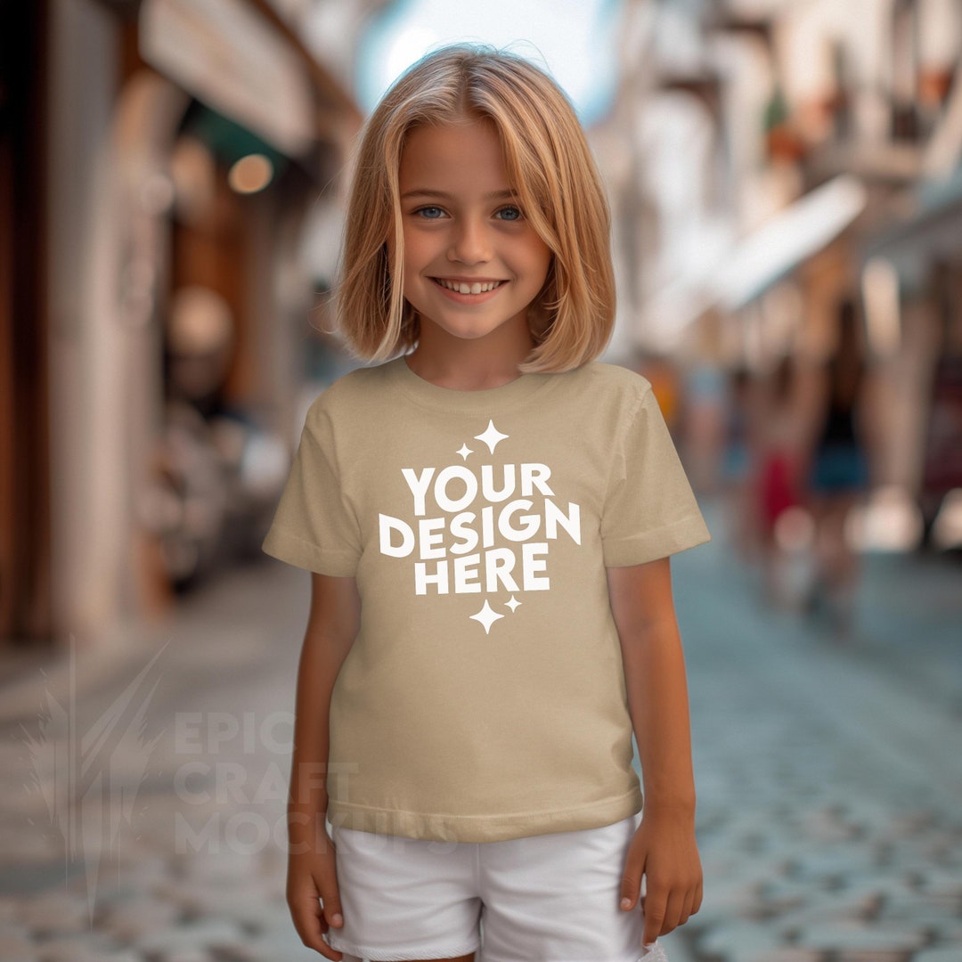 Tan Kids Shirt Mockup Blonde Girl Bella Canvas 3001Y, Street Youth Tee ...