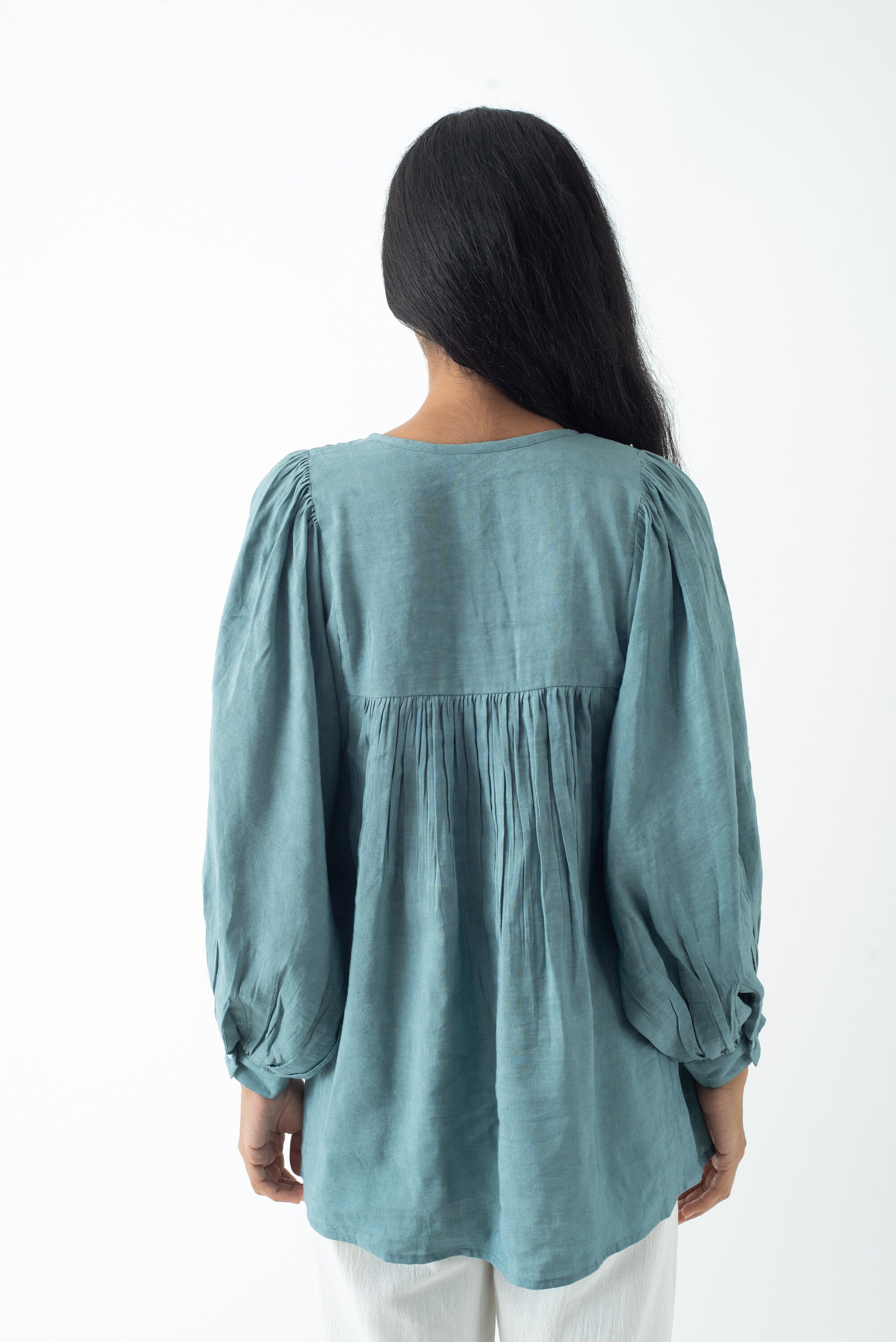 Linen Hand-embroidered Balloon Sleeve Blue Top, Personalized Baggy ...
