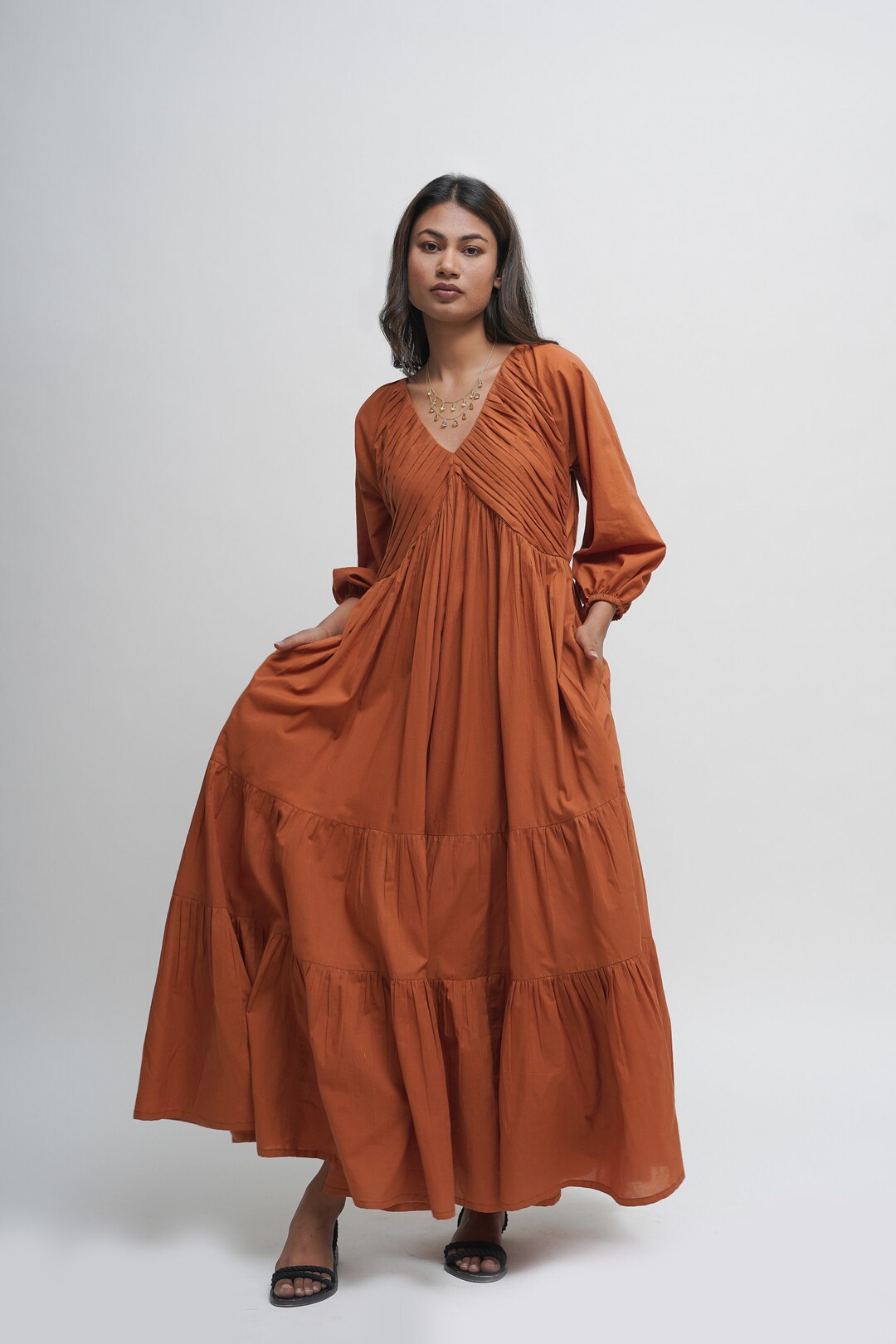 Organic Cotton Maxi Dress, Tan Orange Tiered and Layered Dress, Boho ...