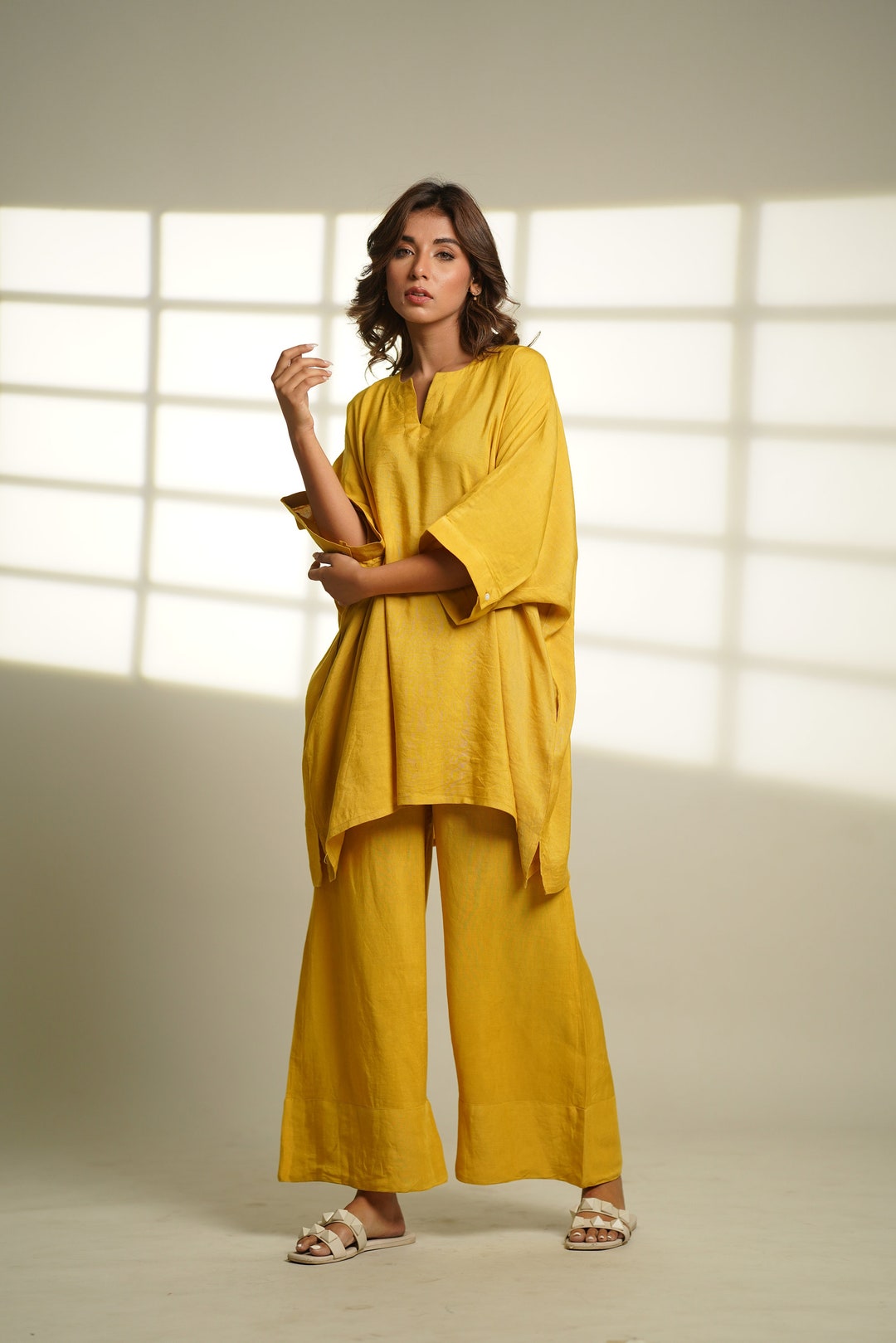 Oversized Linen Set, Linen Two-piece Set, Mustard Linen Top and Pant ...
