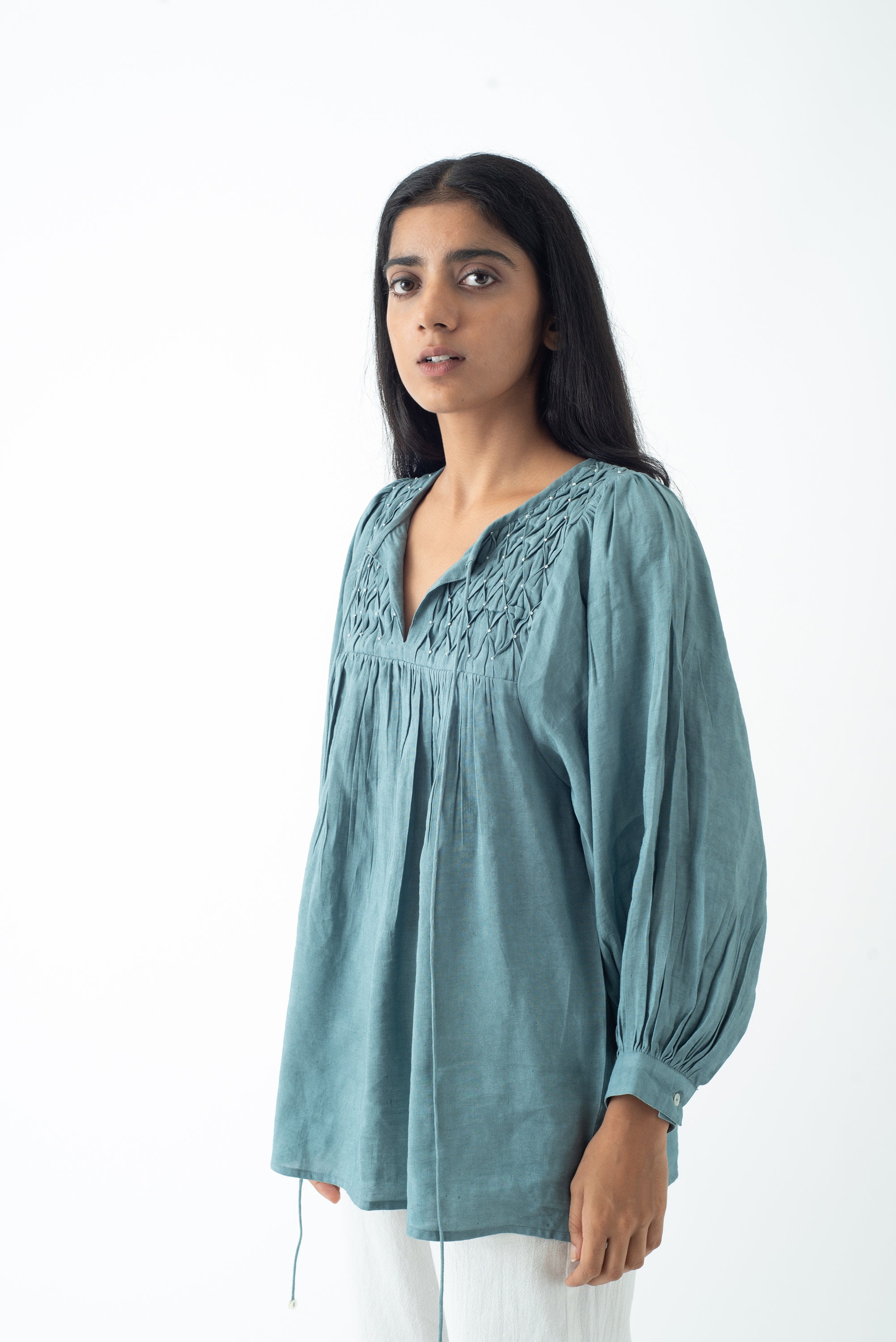 Linen Hand-embroidered Balloon Sleeve Blue Top, Personalized Baggy ...