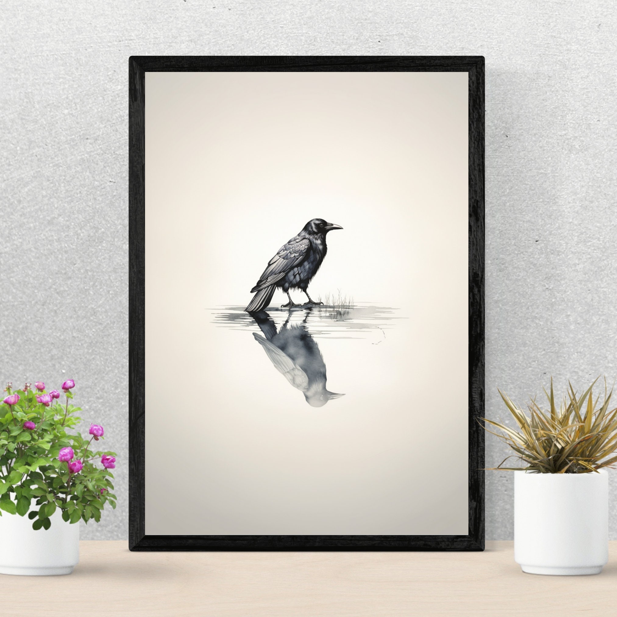 Crow Reflection Sketch Drawing | Water Color | Wildlife Print | Bird ...