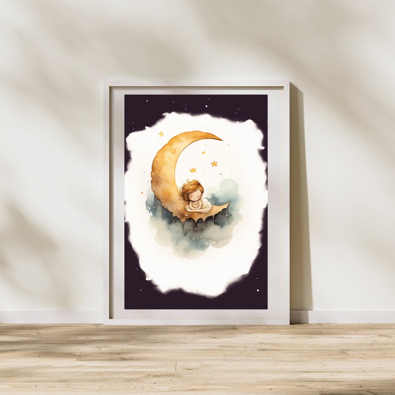 Half Moon Girl Watercolor Art Print | Nursery Wall Art | Celestial ...