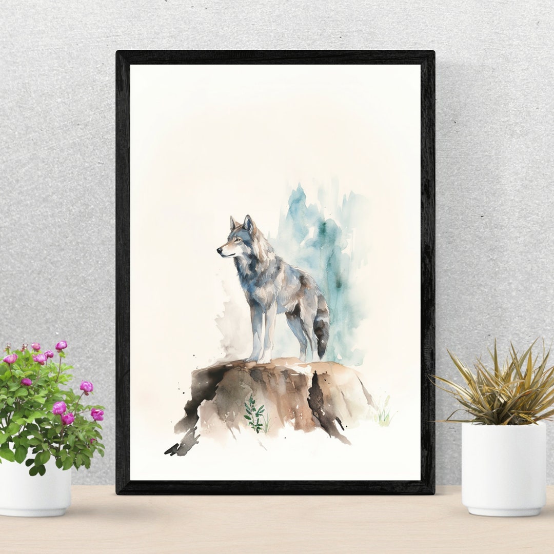 Wolf on Rock Sketch Drawing | Water Color | Wildlife Print | Simple ...