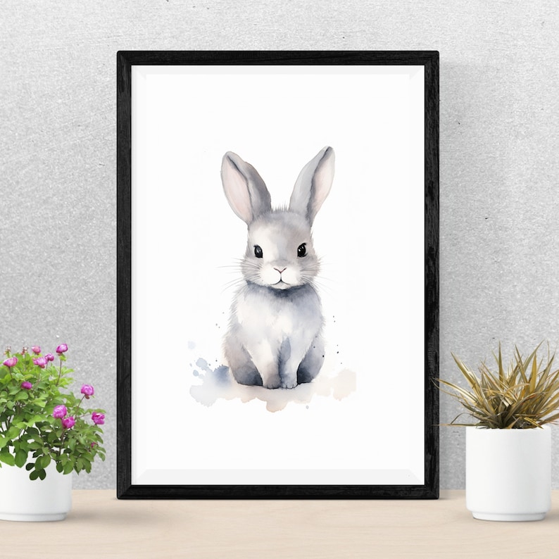 Grey Bunny Watercolor Printable Wall Art | Bunny Decor | Gray Rabbit ...