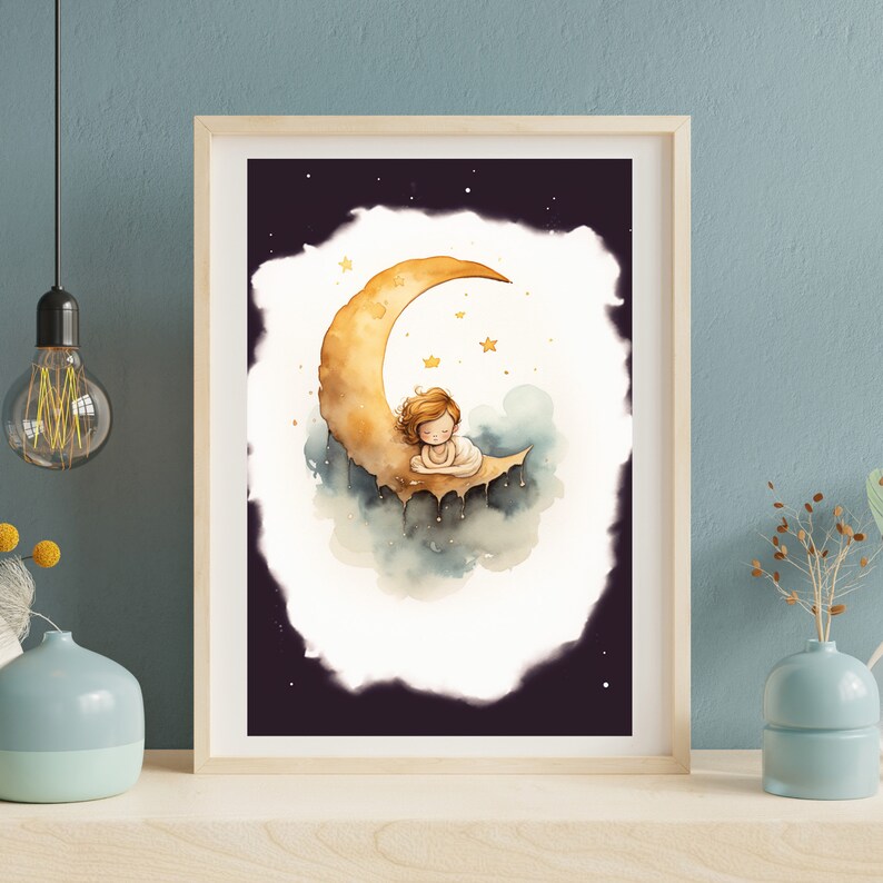 Half Moon Girl Watercolor Art Print | Nursery Wall Art | Celestial ...