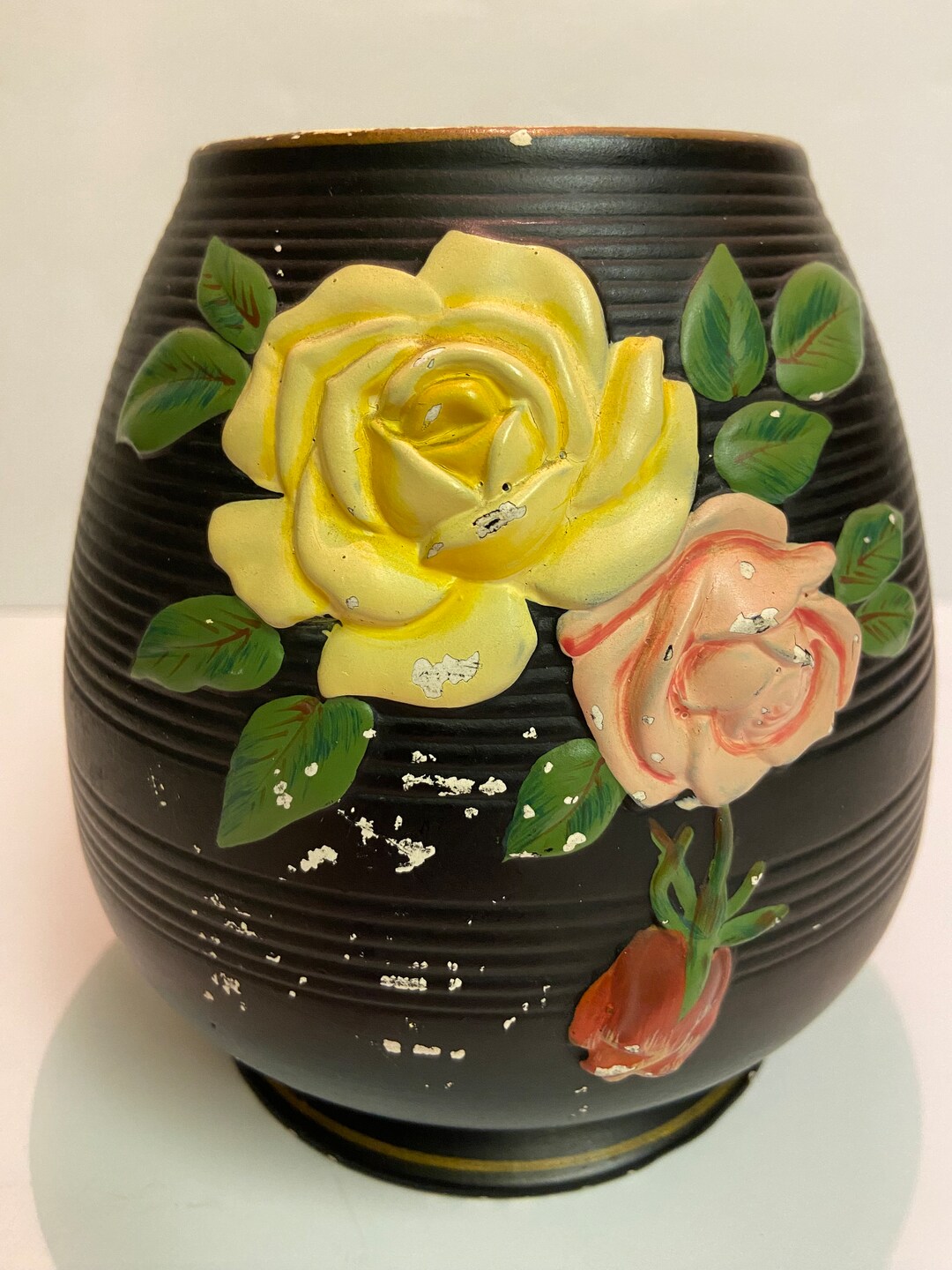 Moody Vintage Hand Painted Brentleigh Ware England Black Ribbed Rose ...