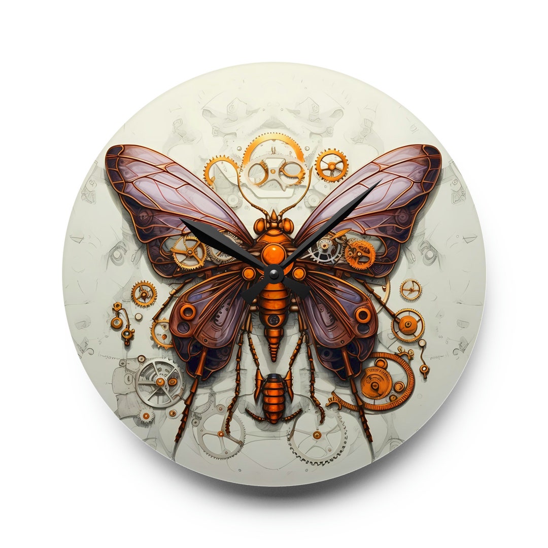 Mauve Butterfly Automaton Wall Clock - Imaginative Steampunk Insect Art ...