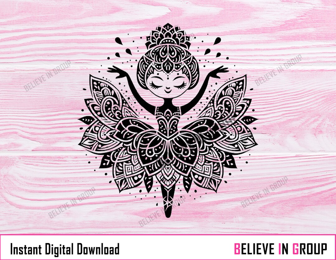 Ballerina Mandala, BW Image , Printable, PNG, Sublimation Print, Cut ...