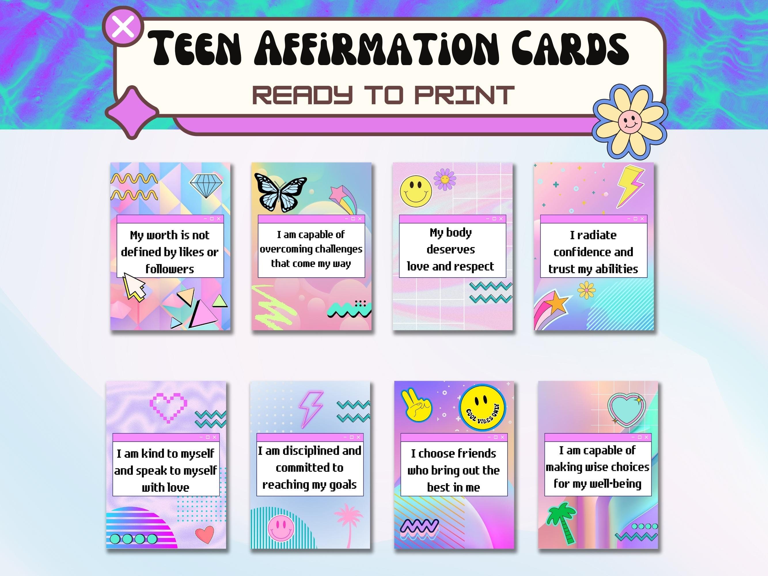 90's Y2K Theme Printable Affirmation Cards for Tweens/teens - Set of 24 ...