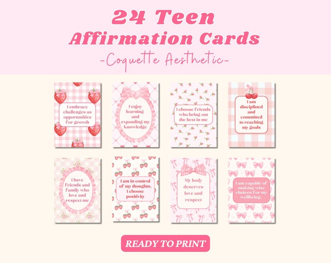 Coquette Self Love Affirmation Cards, 40 Cute Pink Aesthetic Cards ...