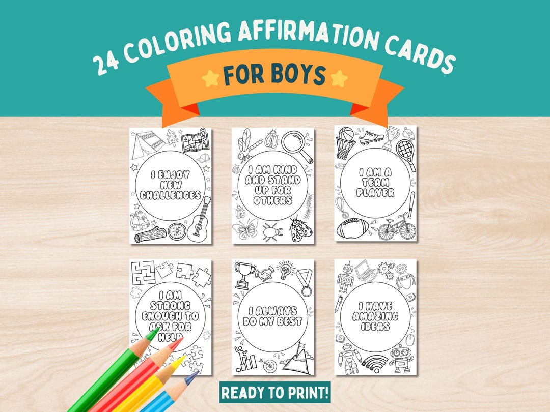 24 Printable Affirmation Coloring Cards for Boys | Digital Download ...