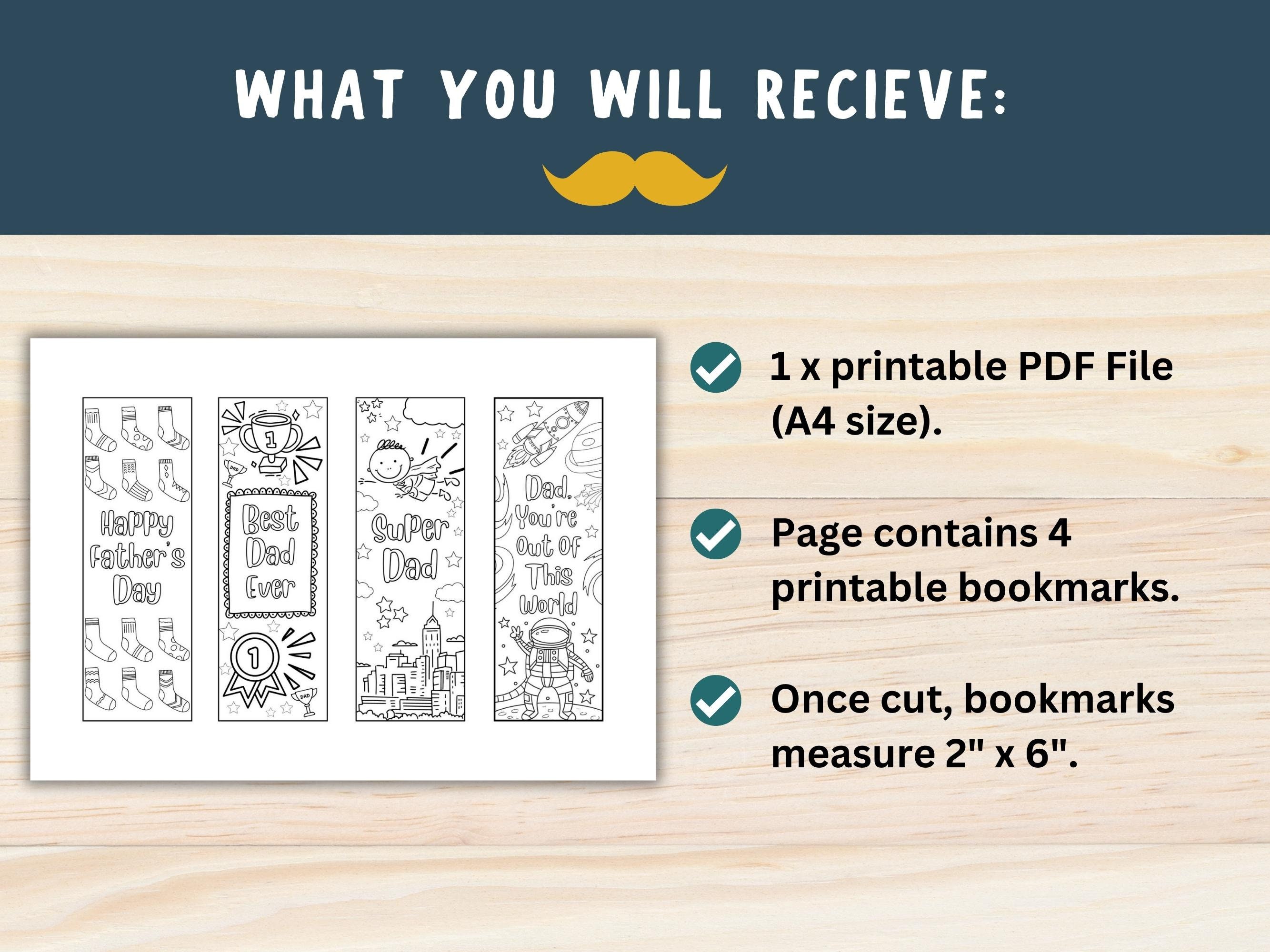 Set of 4 Father's Day Colouring Bookmarks, Printable Father's Day ...