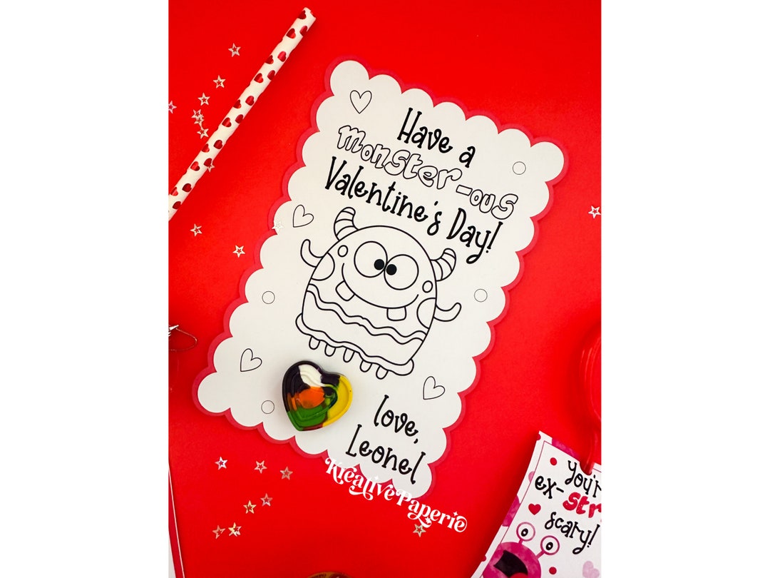 Love Monsters Valentines Day Coloring Cards Personalized Coloring Cards ...