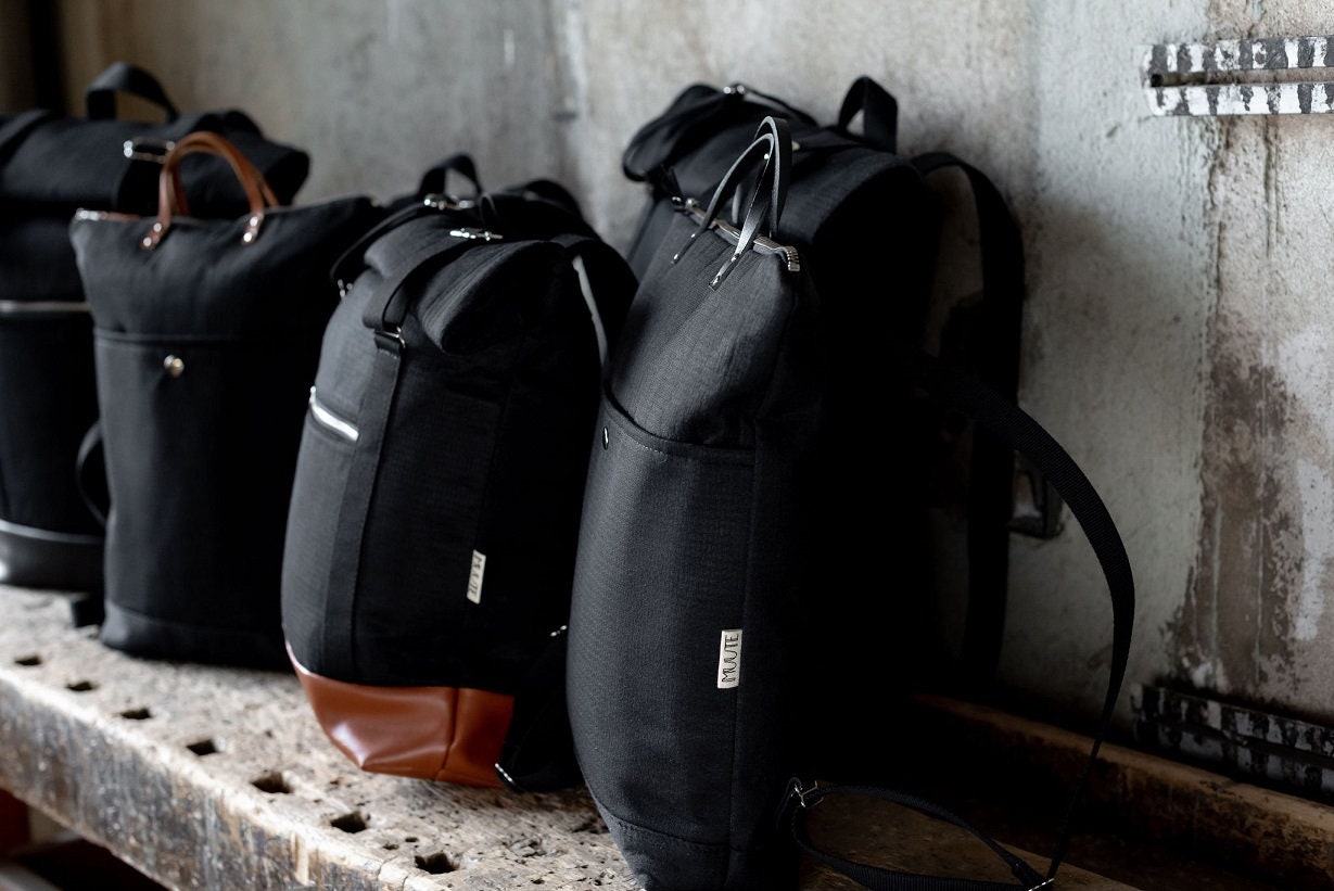 Sustainable Minimalist Backpack Women Black Leather Handles - Etsy