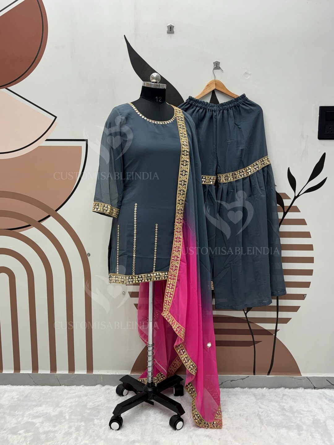 Grey Kurta Sharara Set With Pink Dupatta | Indian Ethnic Wear for Women ...