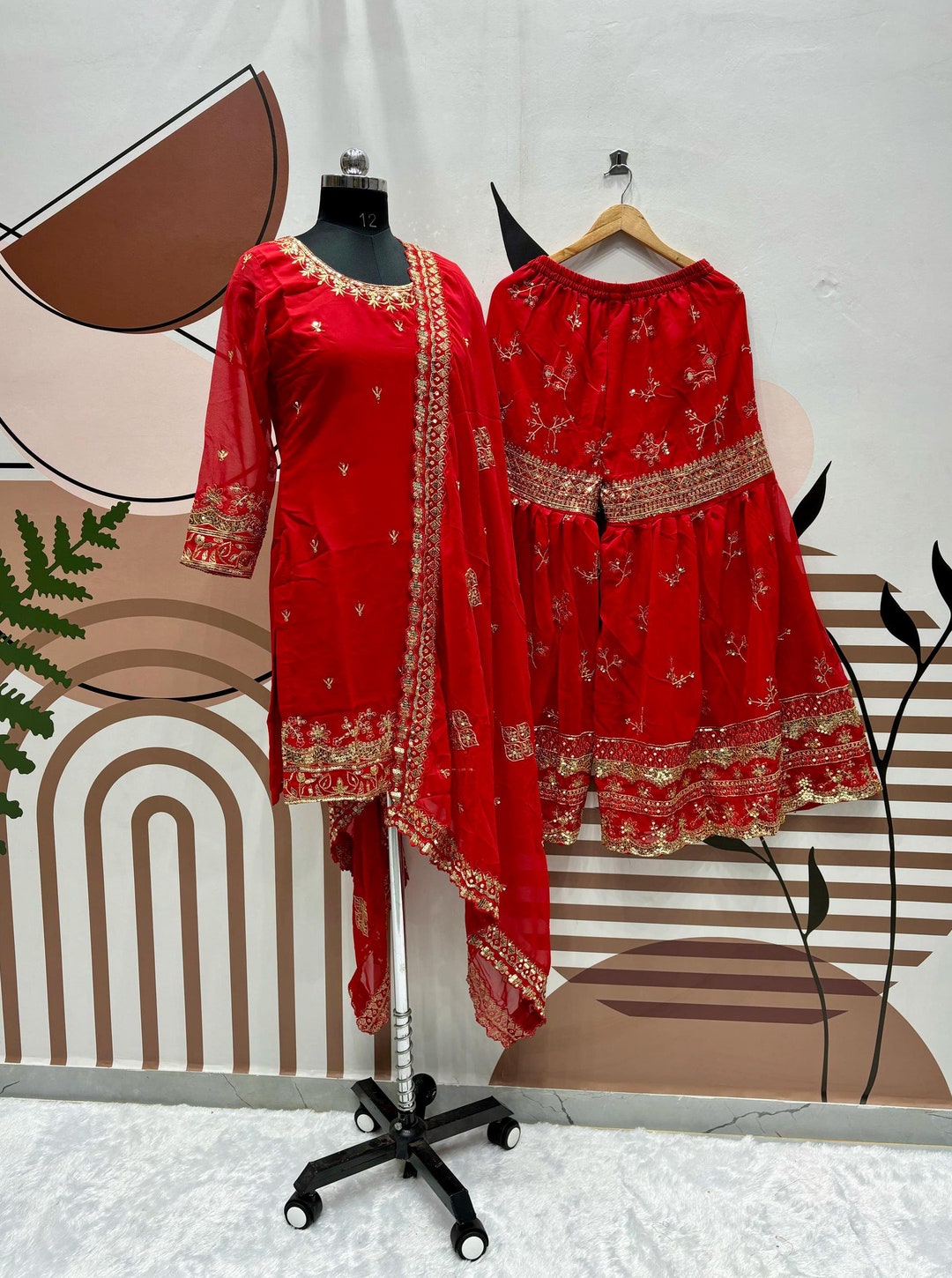 Red Sharara Suit With Lehenga Set, Pakistan Islamic Nikkah Wear ...