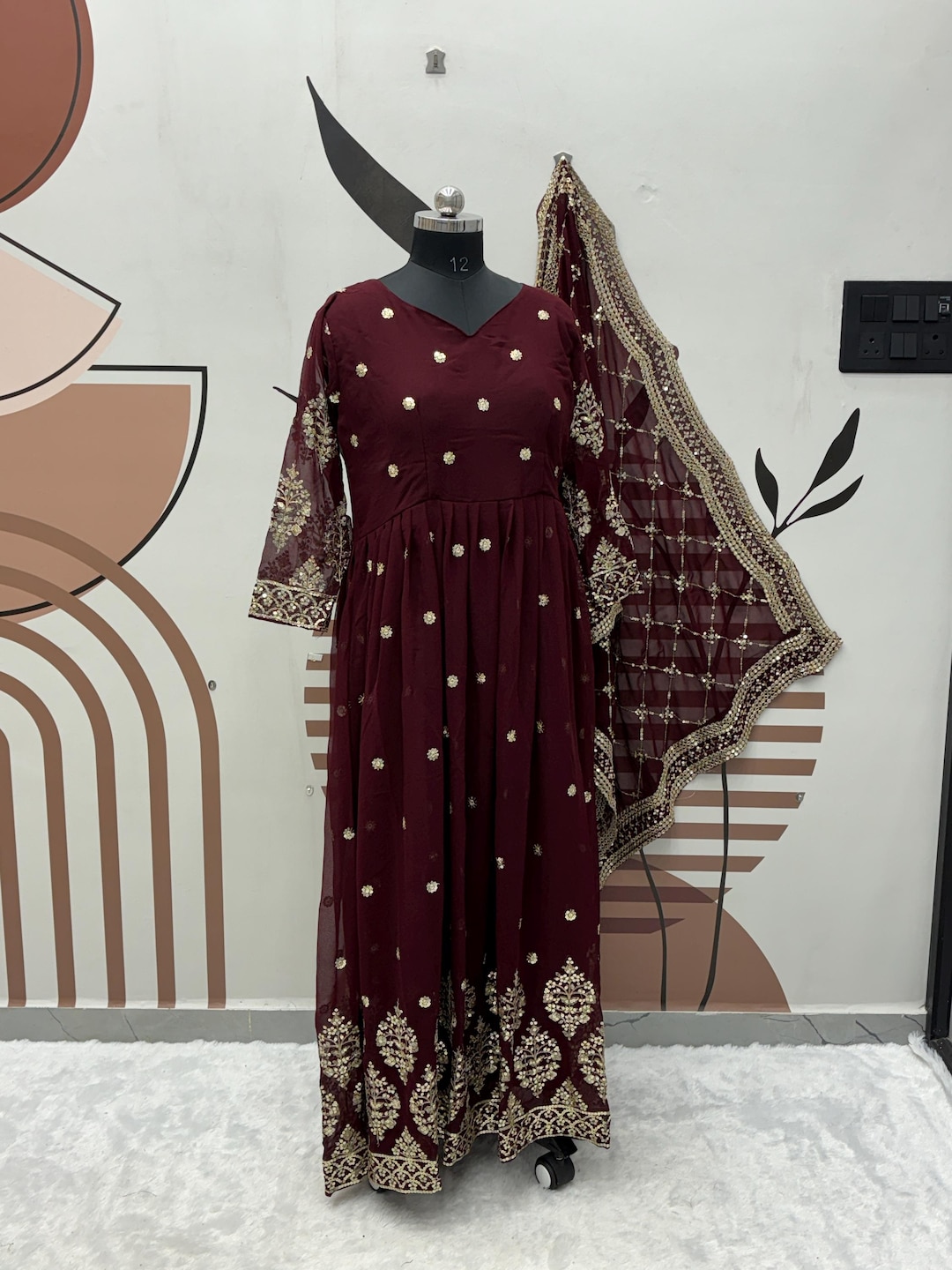 Exclusive Maroon Long Gown With Dupatta, Full Stitched With Sequin ...