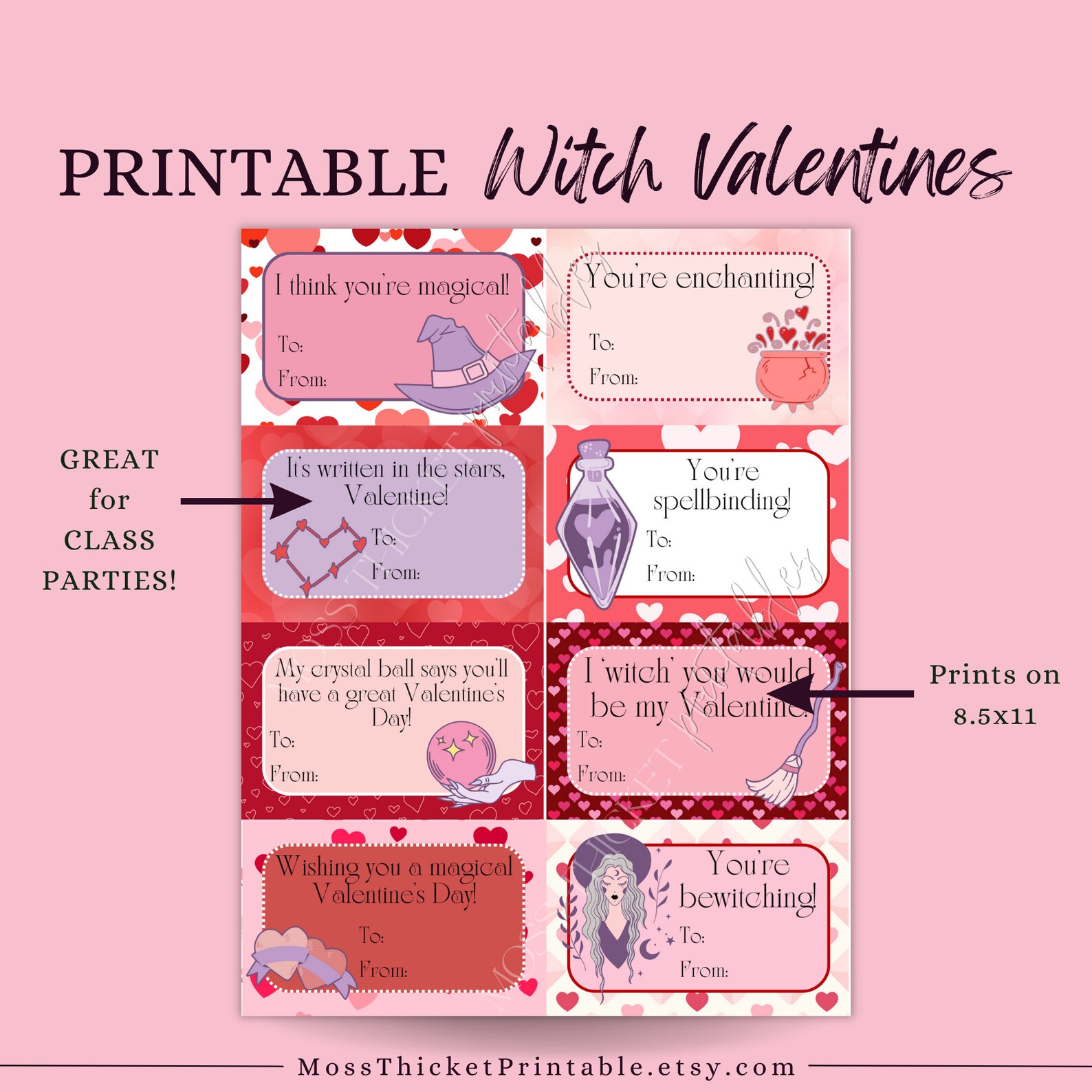 Printable Witch Valentines, Printable Valentine Cards, Instant Download ...