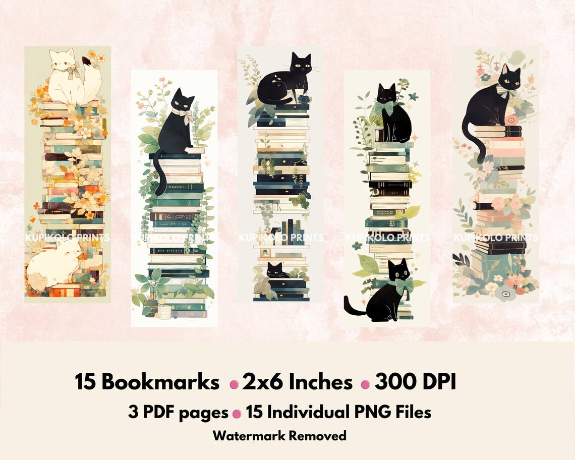 Cats and Books, Cute Illustrations, Bookmarks, Printable Bookmarks, PNG ...