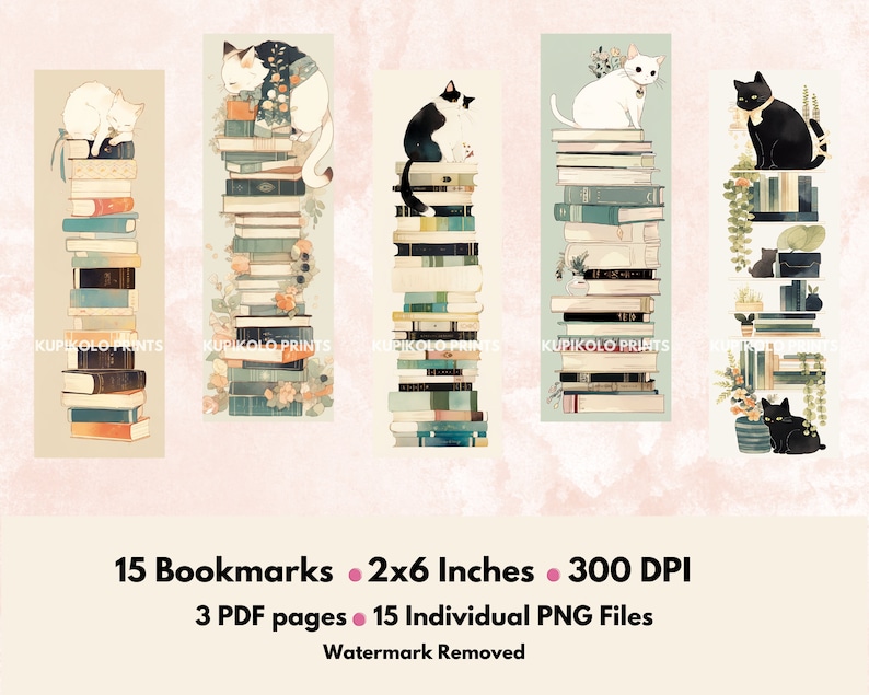 Cats and Books, Cute Illustrations, Bookmarks, Printable Bookmarks, PNG ...
