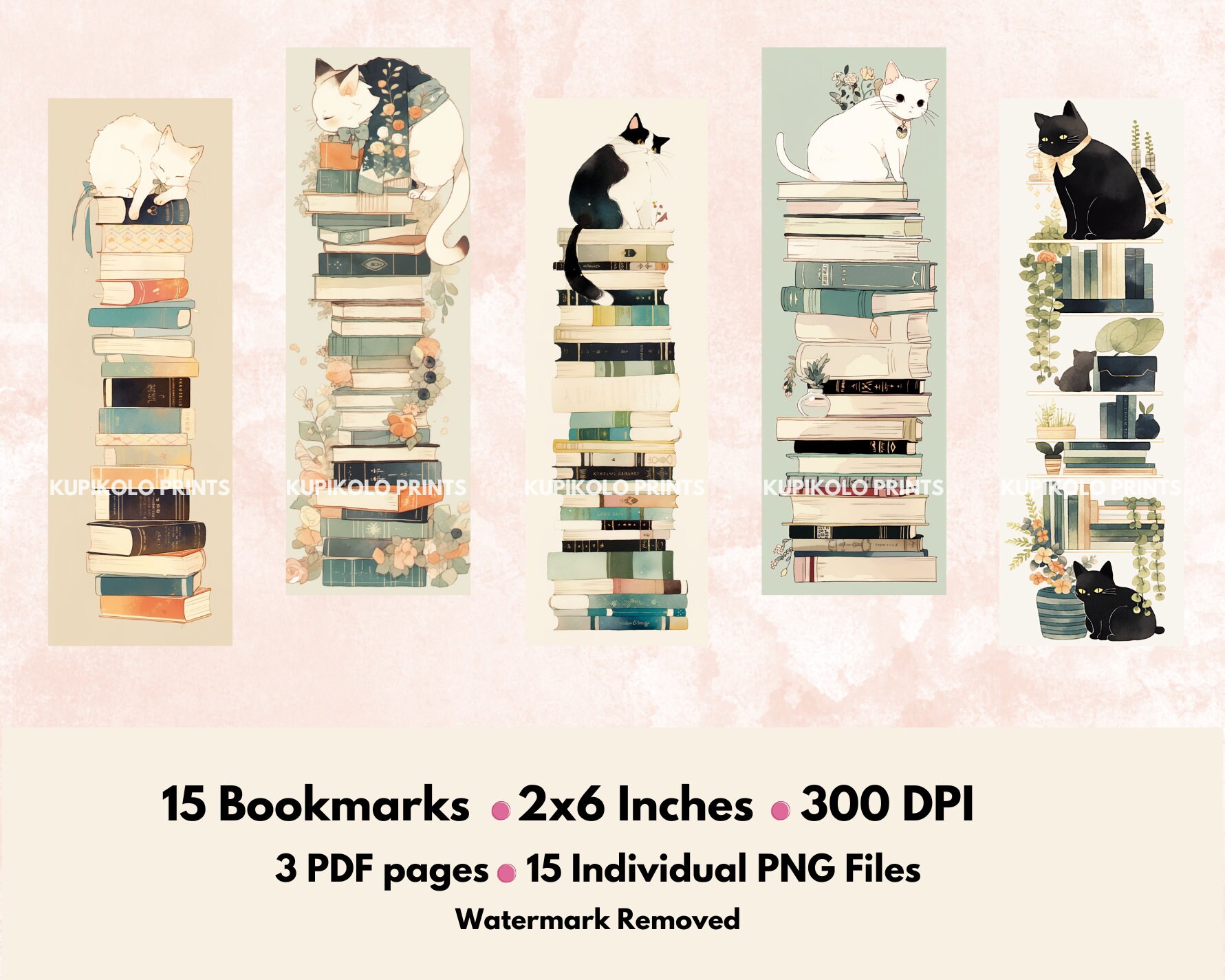 Cats and Books, Cute Illustrations, Bookmarks, Printable Bookmarks, PNG ...