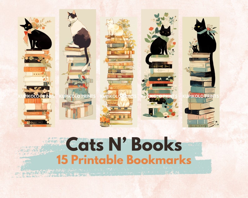 Cats and Books, Cute Illustrations, Bookmarks, Printable Bookmarks, PNG ...