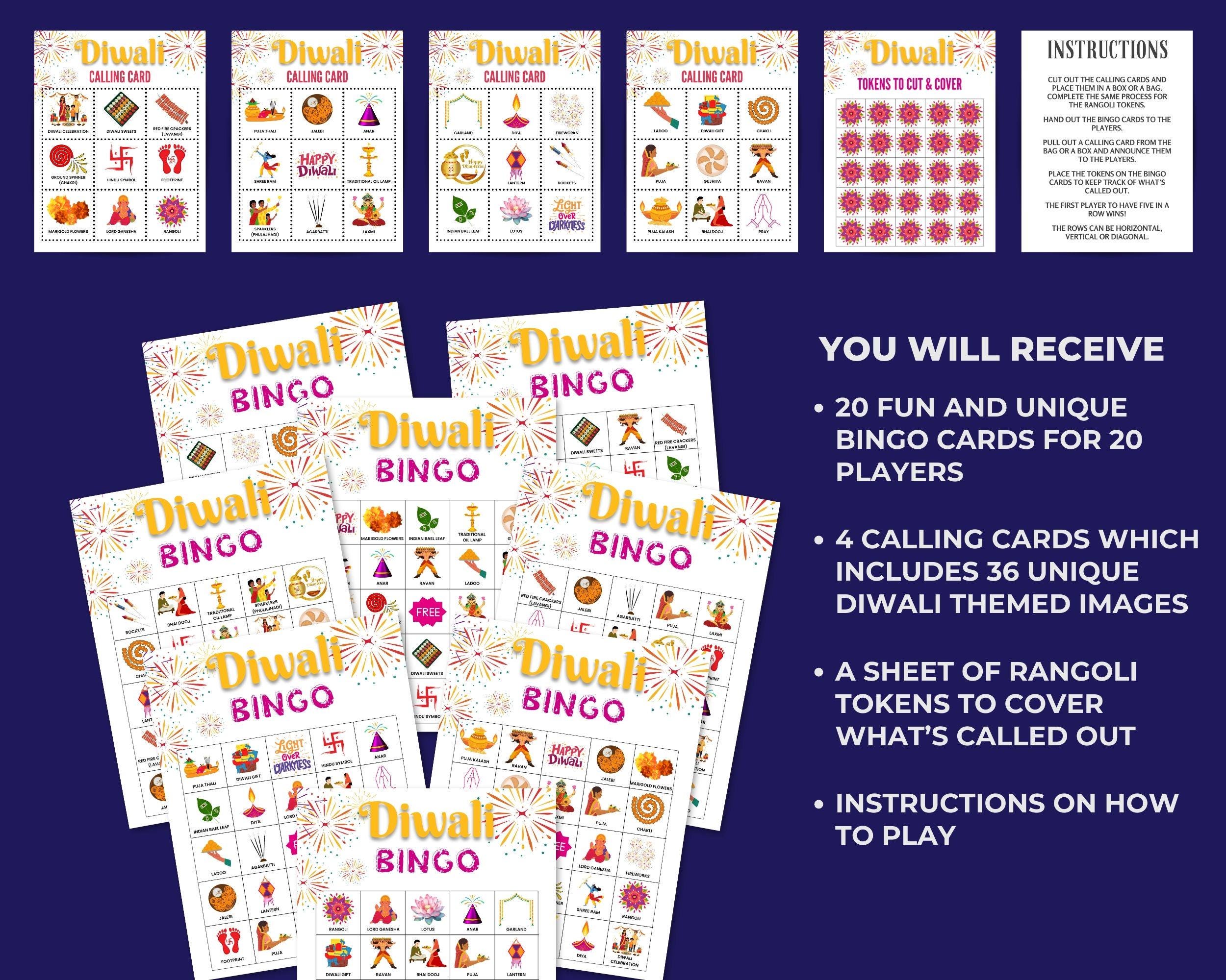 Diwali Bingo Printable Cards, Family Diwali Bingo, Desi Indian Games ...