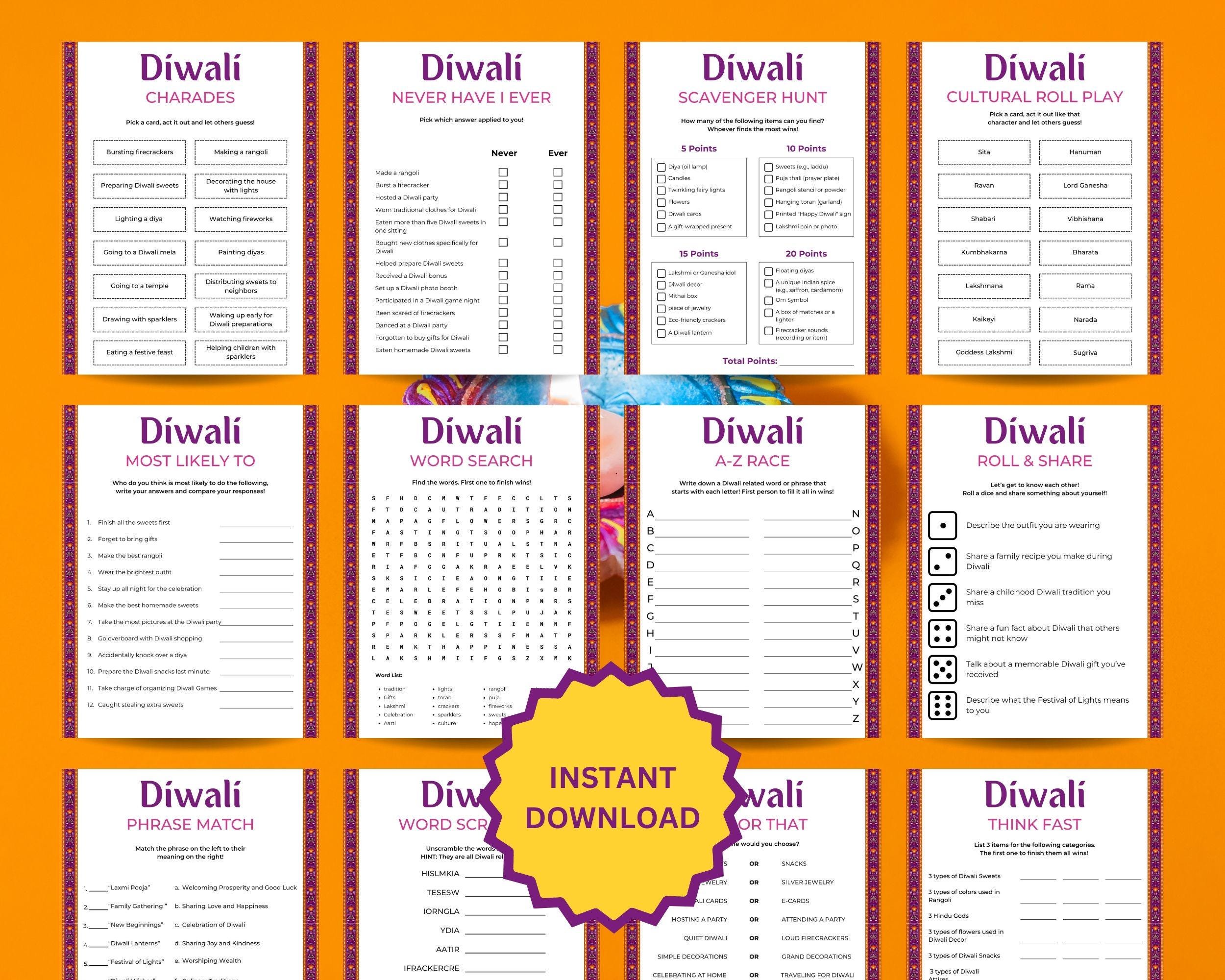 Diwali Games Bundle Diwali Party Games Printable Diwali Games for Kids ...