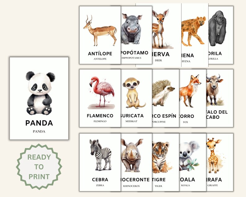 34 Animals Cards Montessori Flash Cards Animal Pre-school Cards Spanish ...