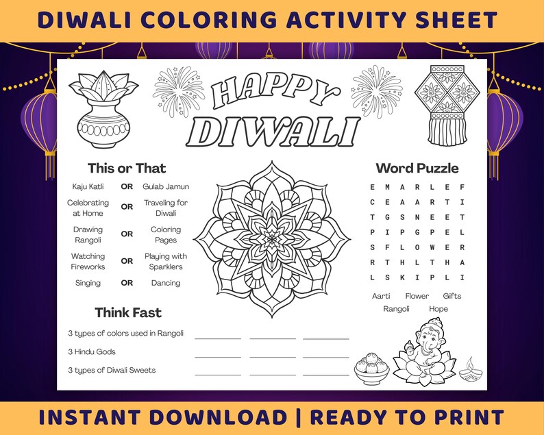 Diwali Coloring Activity Sheet, Printable Diwali Activity for Kids ...