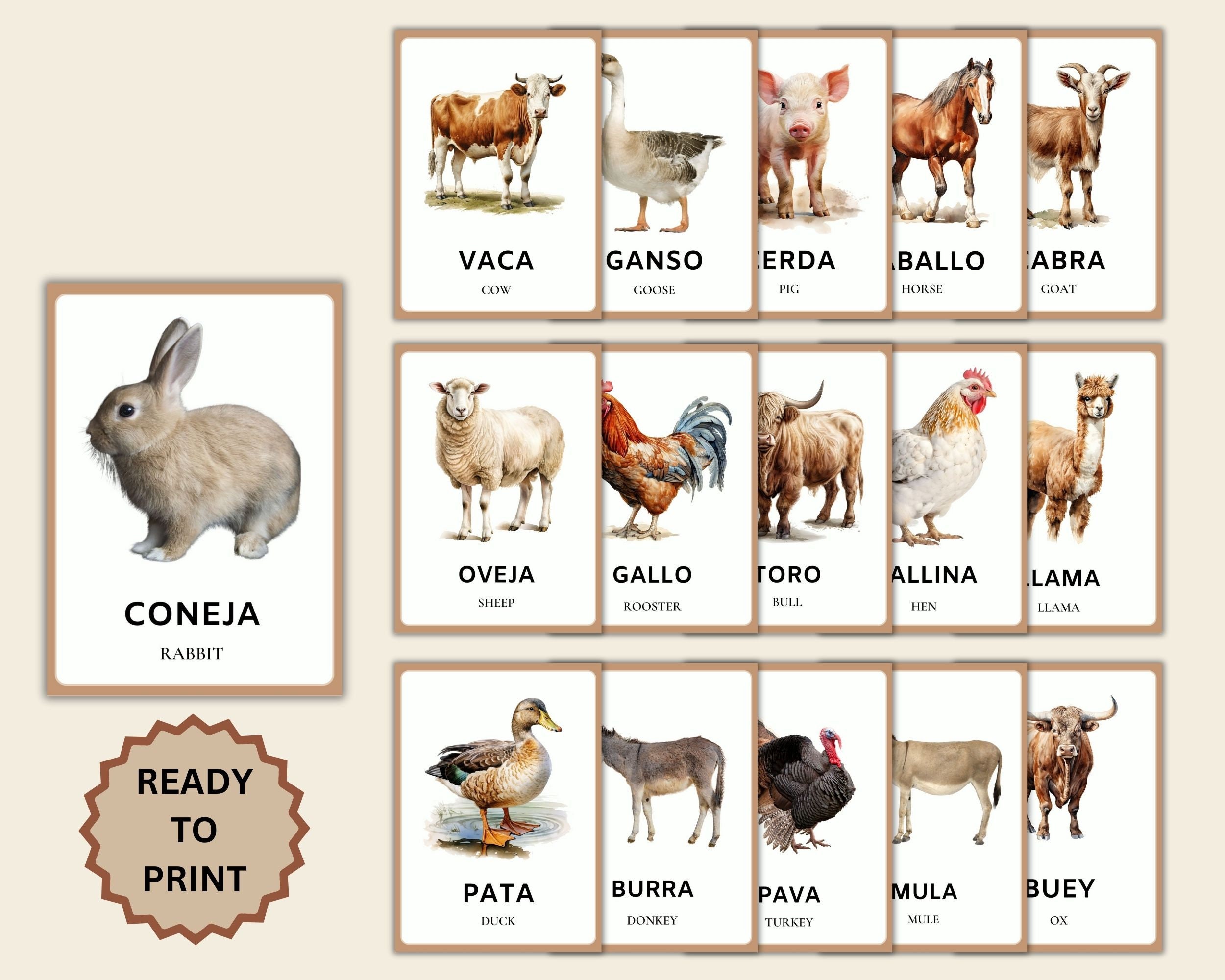 16 Farm Animals Cards Montessori Flash Cards Animal Pre-school Cards ...