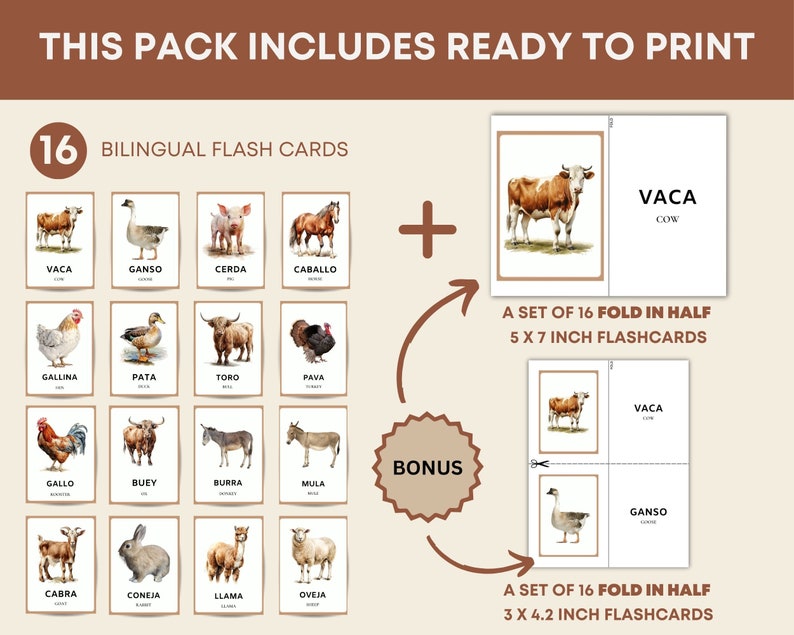 16 Farm Animals Cards Montessori Flash Cards Animal Pre-school Cards ...