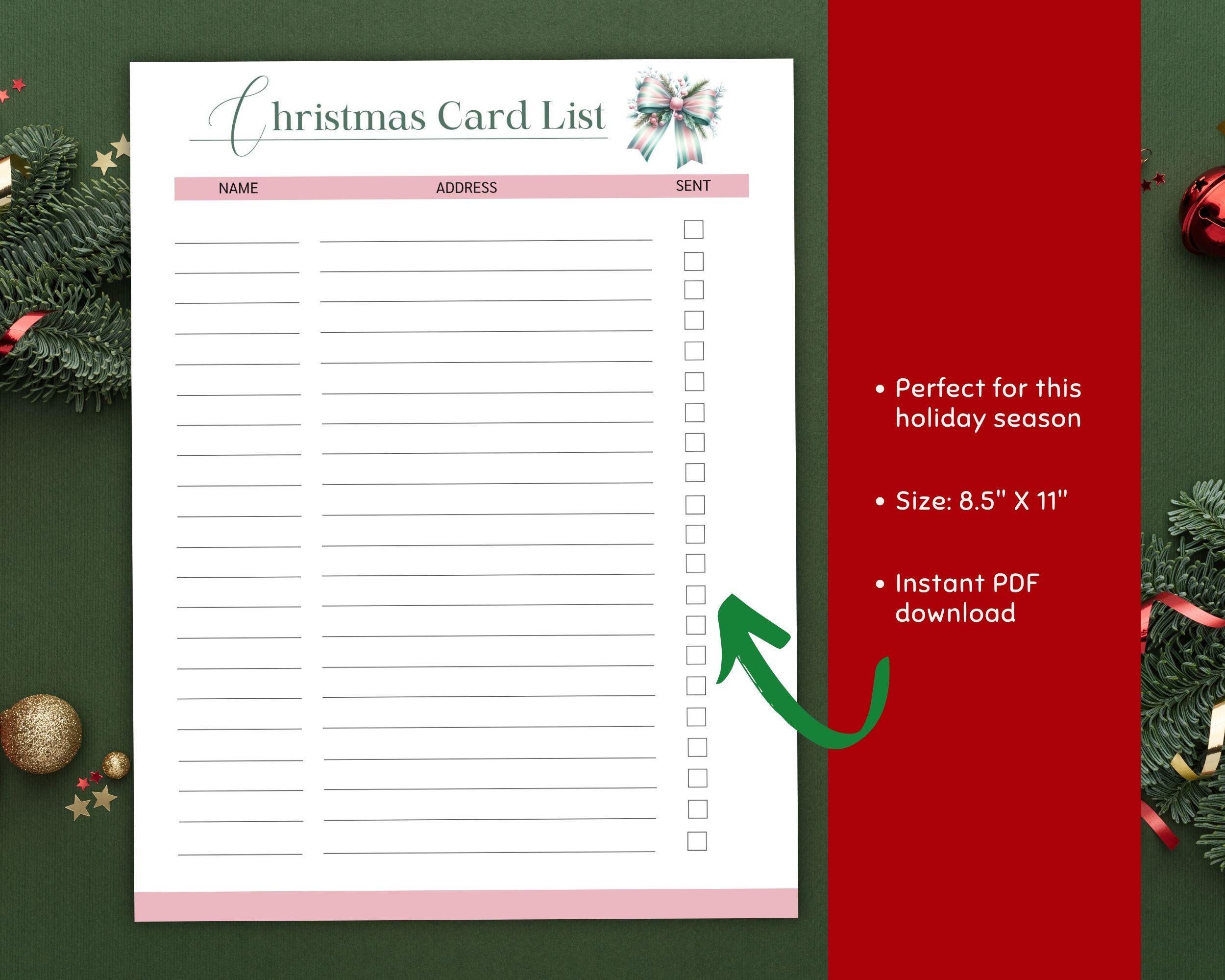 Christmas Card List Printable, Holiday Card Checklist, Christmas ...