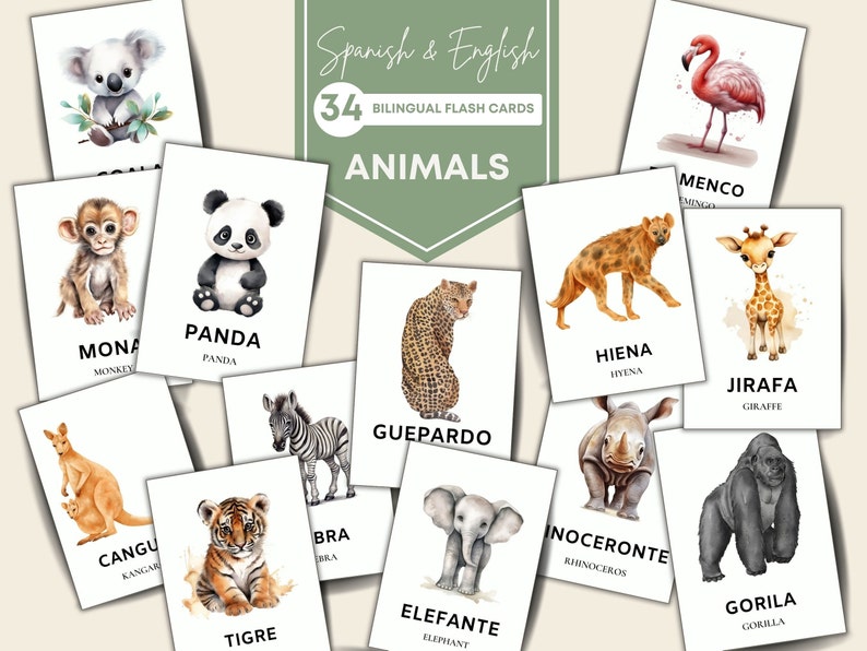 34 Animals Cards Montessori Flash Cards Animal Pre-school Cards Spanish ...