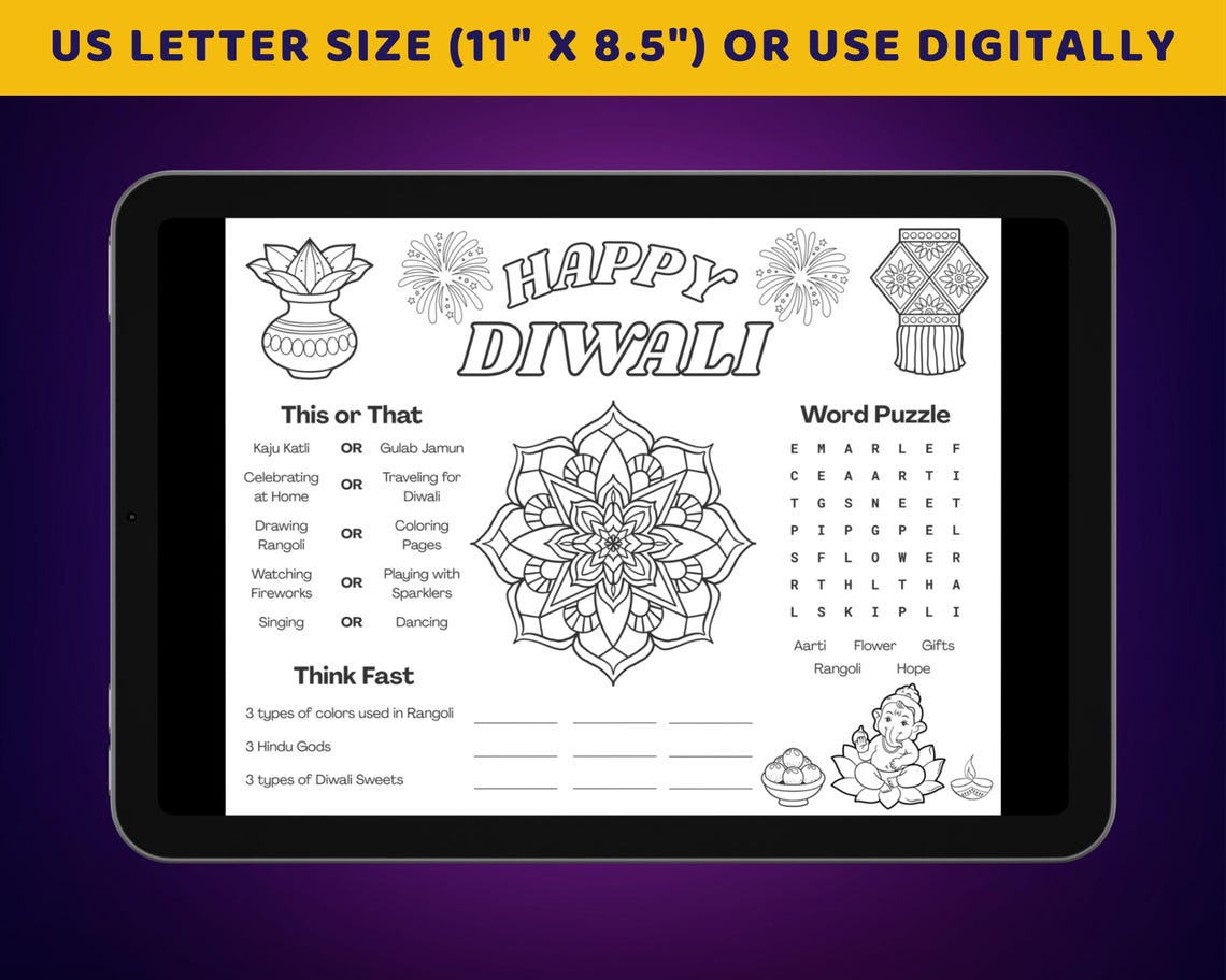 Diwali Coloring Activity Sheet, Printable Diwali Activity for Kids ...