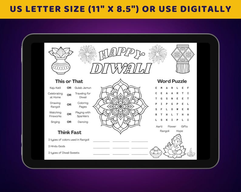 Diwali Coloring Activity Sheet, Printable Diwali Activity for Kids ...