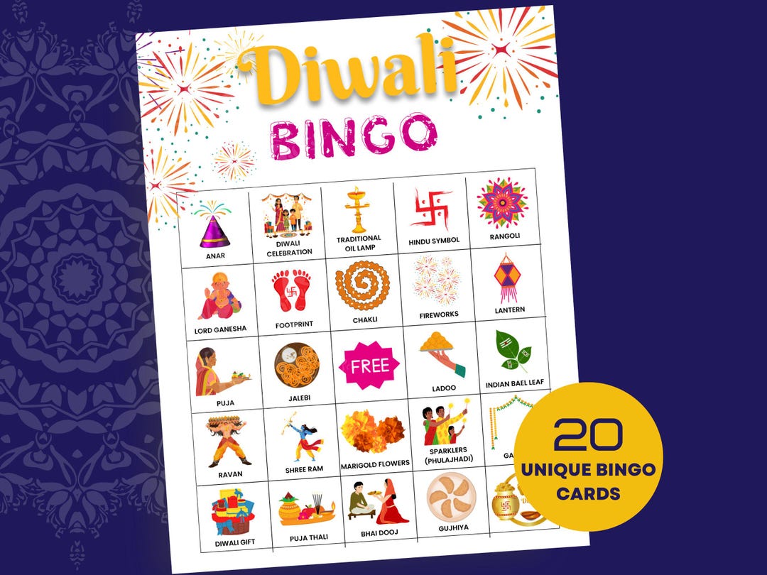 Diwali Bingo Printable Cards, Family Diwali Bingo, Desi Indian Games ...