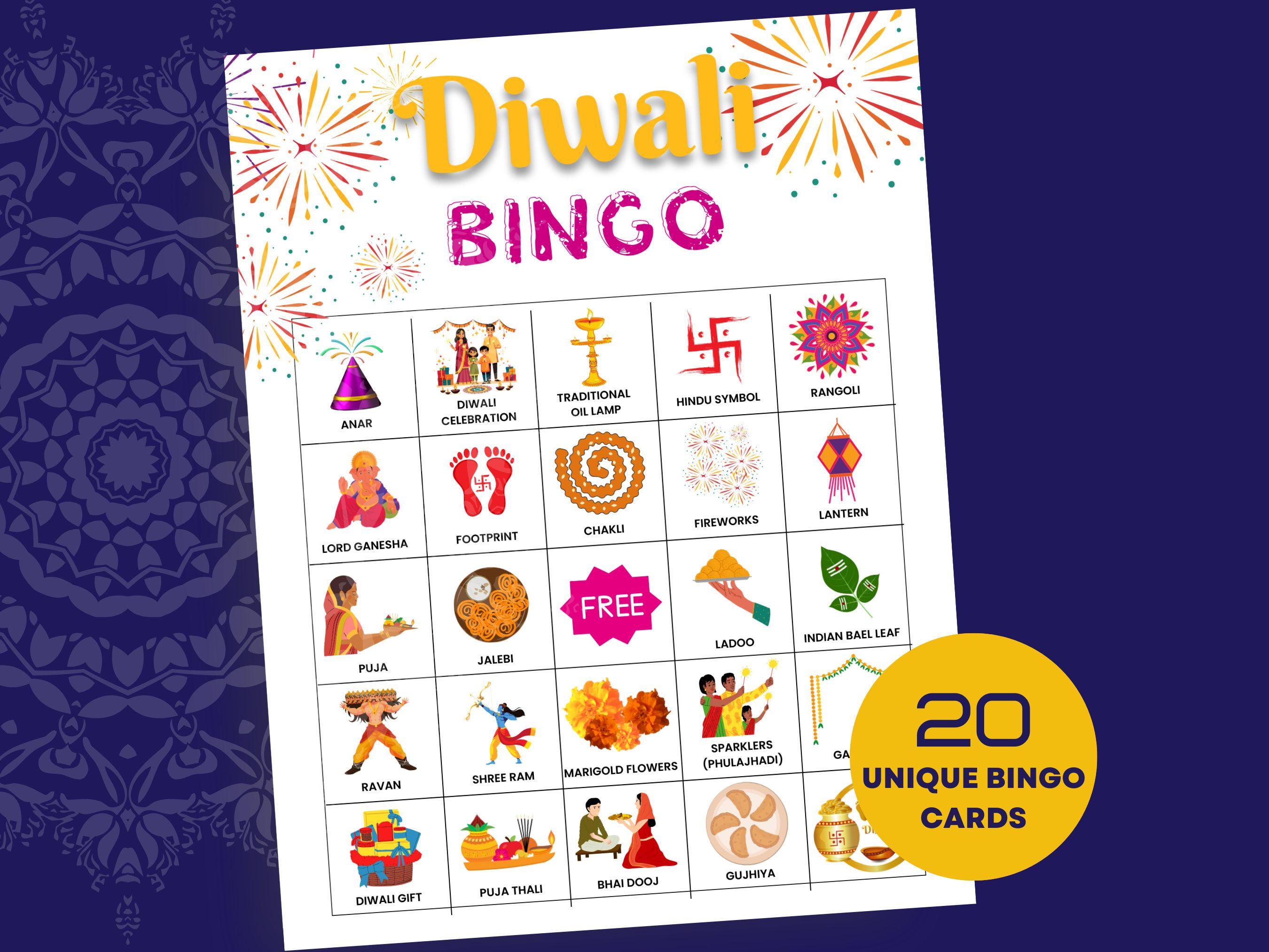 Diwali Bingo Printable Cards, Family Diwali Bingo, Desi Indian Games ...